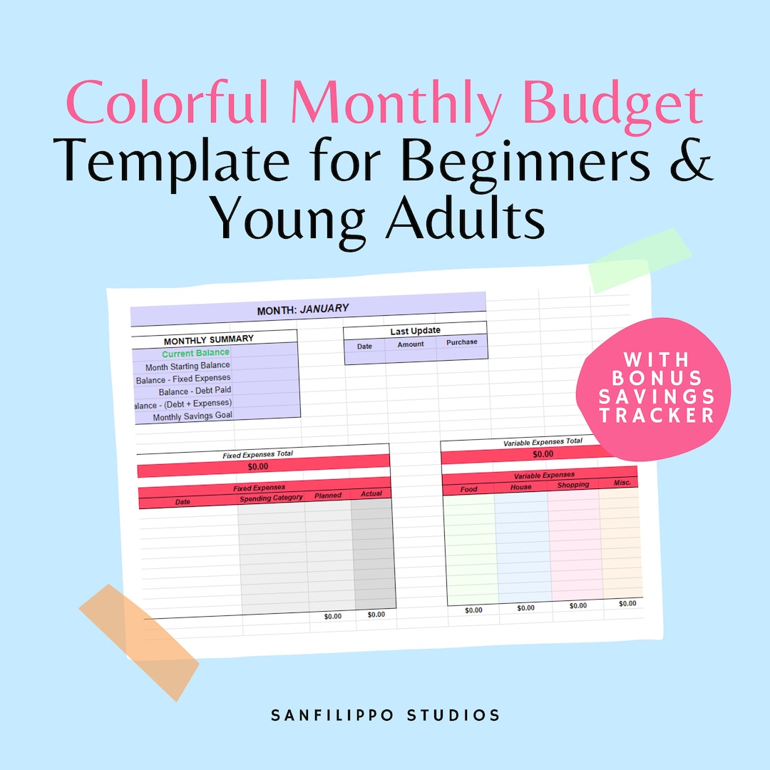 Colorful Monthly Budget Template for Beginners & Young Adults With ...