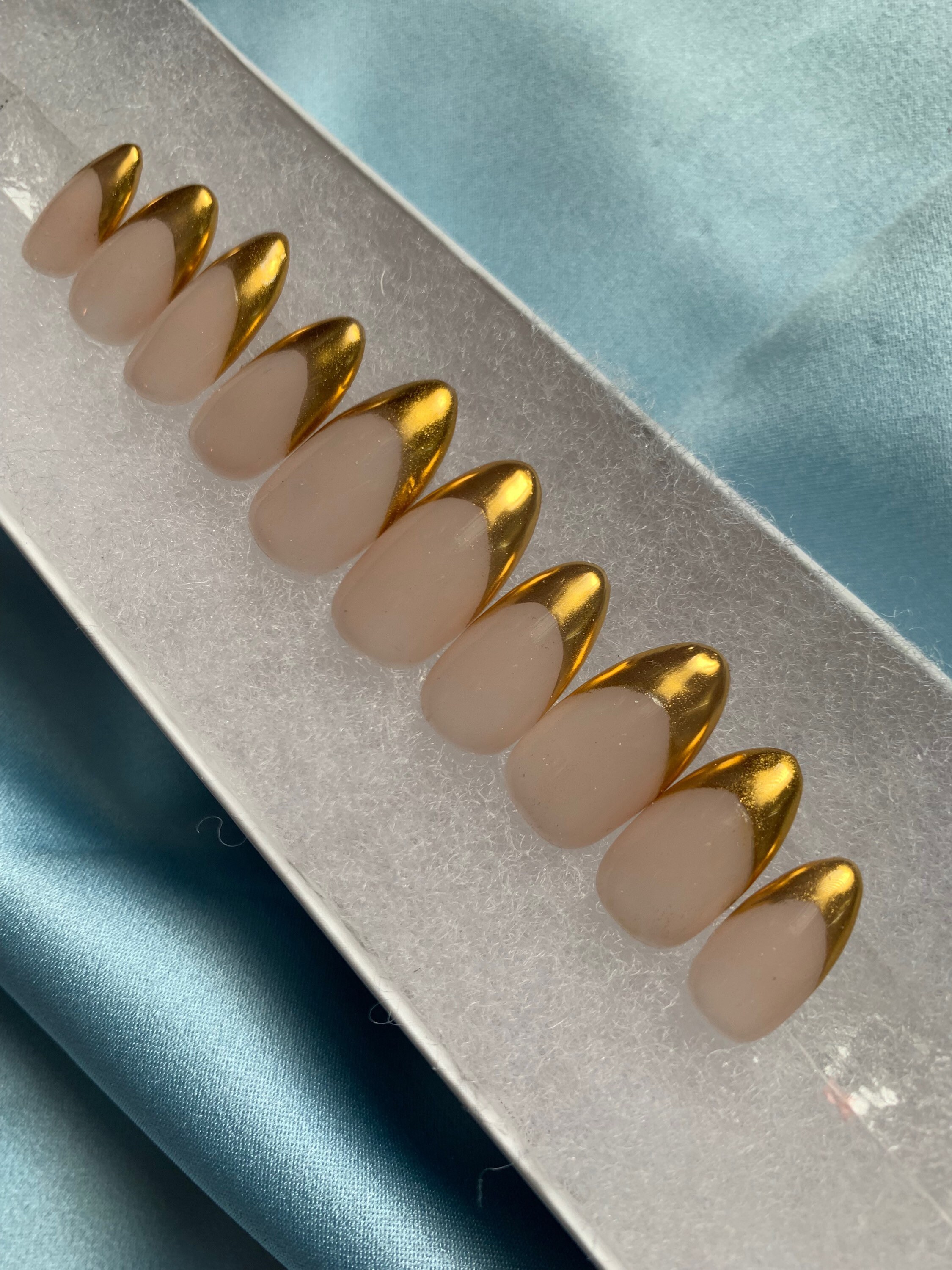 Metallic Gold Chrome French Tip Nailsshown in Short Almond - Etsy