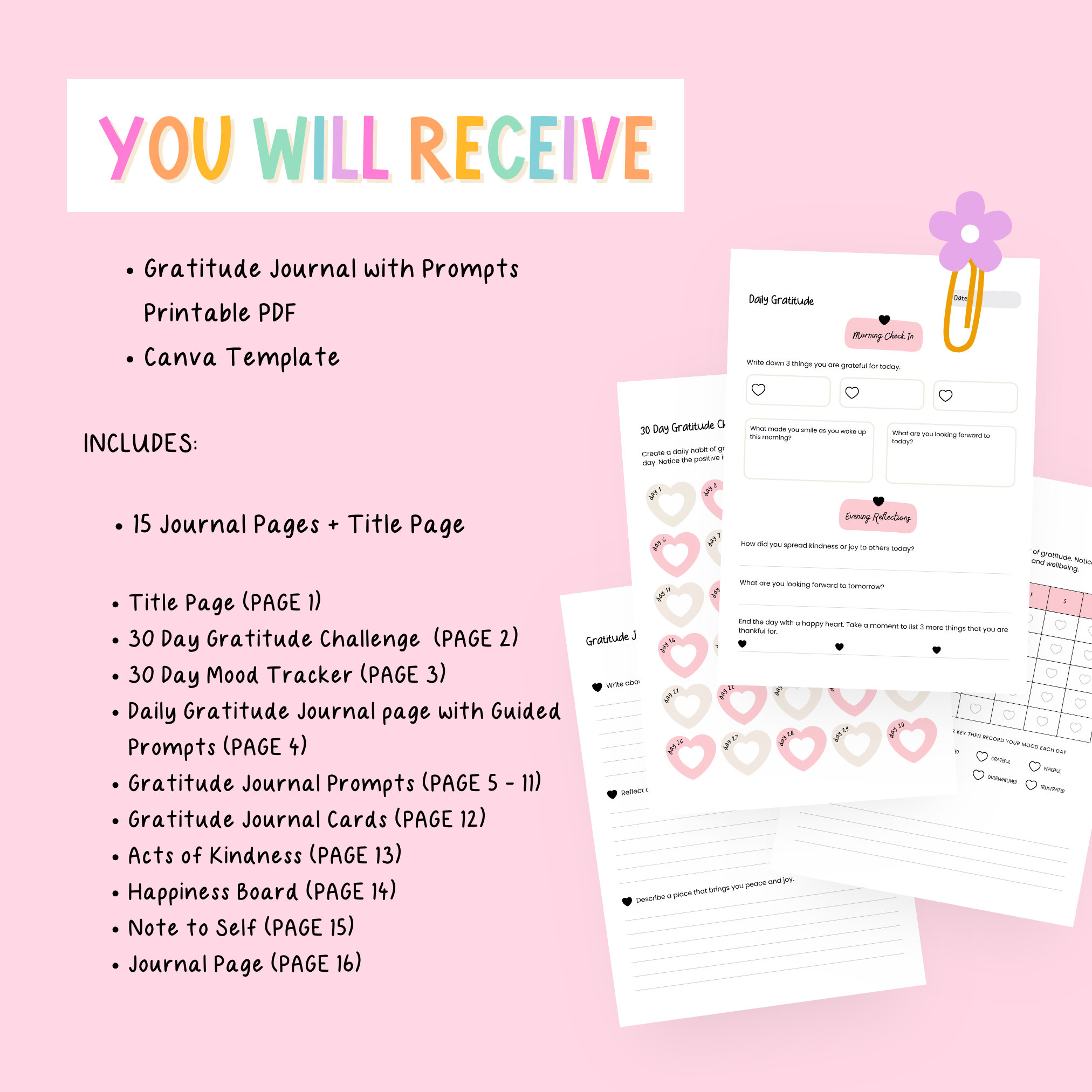 Gratitude Journal With Prompts, PLR Resell, 30 Day Challenge, Canva Template, Digital Download ...