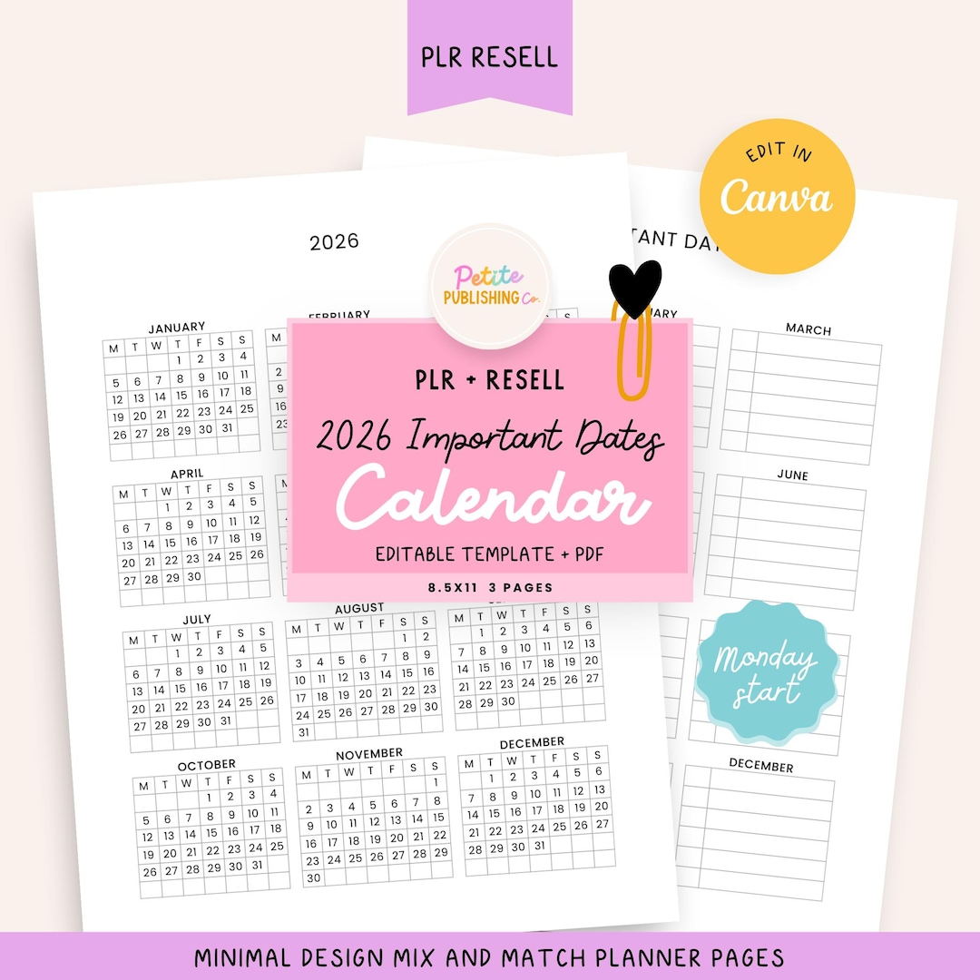 PLR 2026 Important Dates Yearly Calendar Monday Start, Canva Template ...