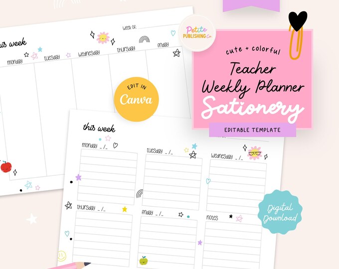 Teacher Weekly Planner Printable, Colorful Stationery, Canva Template ...