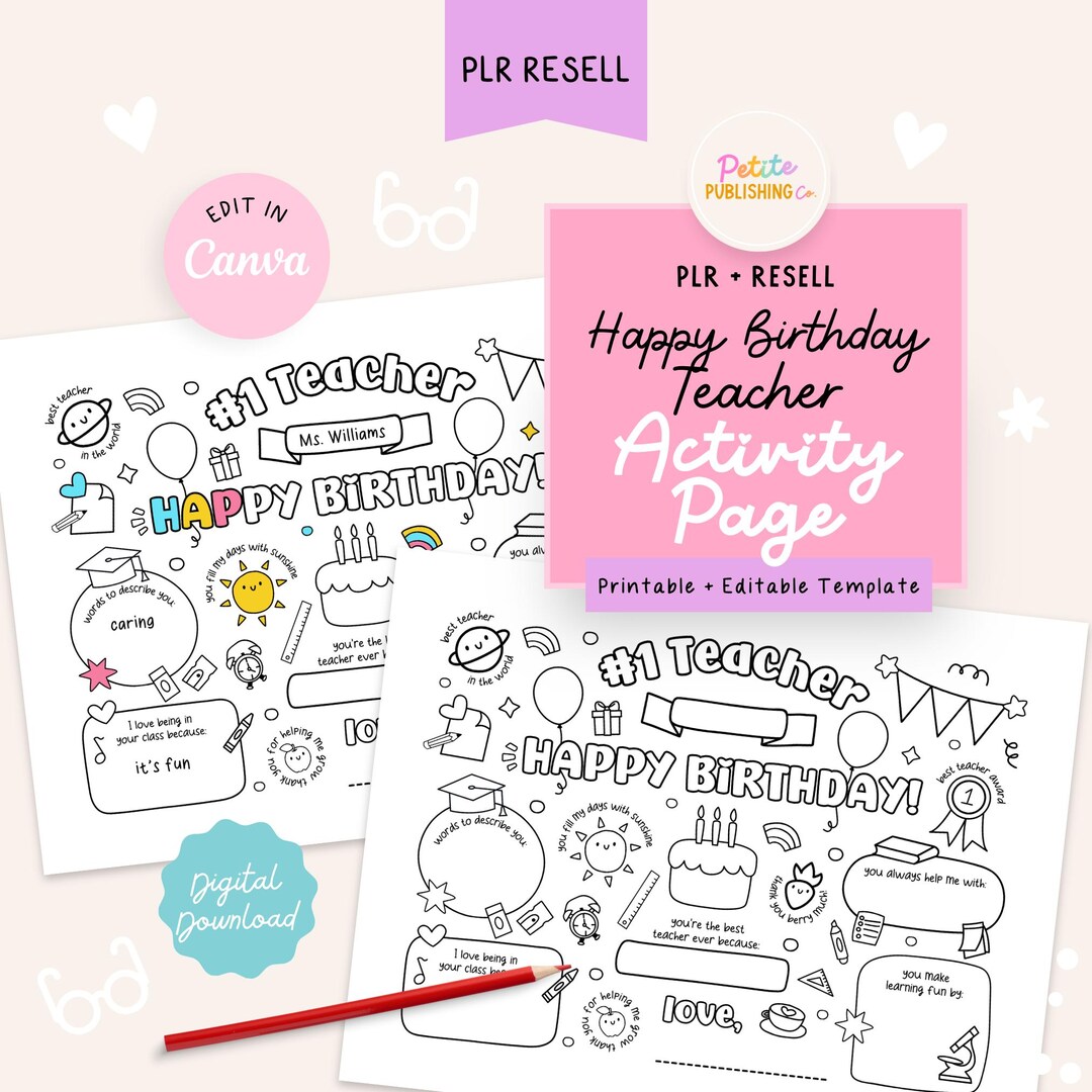 Happy Birthday Teacher Activity Page Printable, PLR Resell, Kids ...