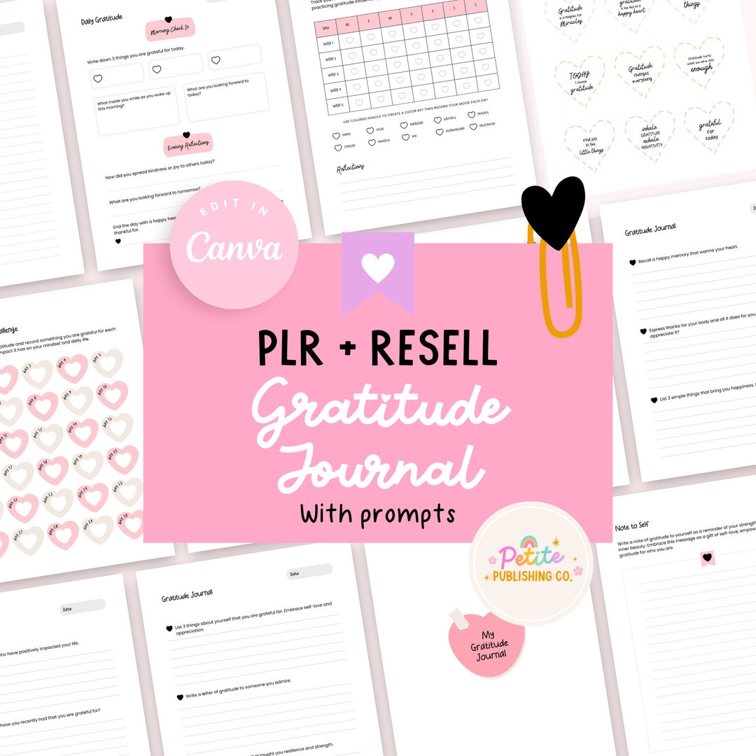 Gratitude Journal With Prompts, PLR Resell, 30 Day Challenge, Canva Template, Digital Download ...