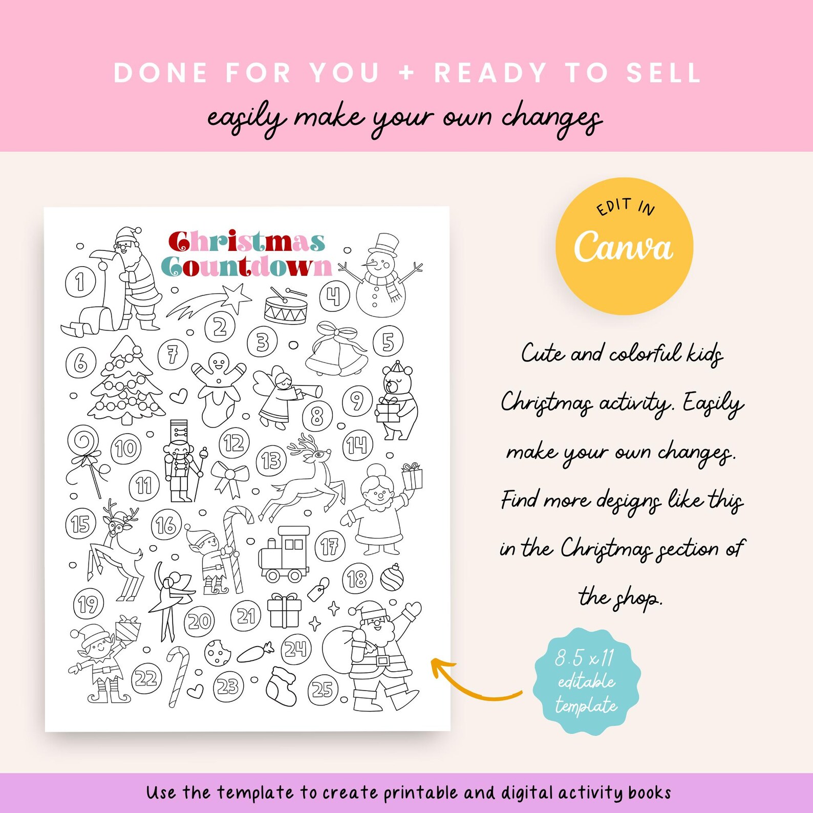 Christmas Countdown Coloring Sheet Printable, PLR Resell, Advent ...