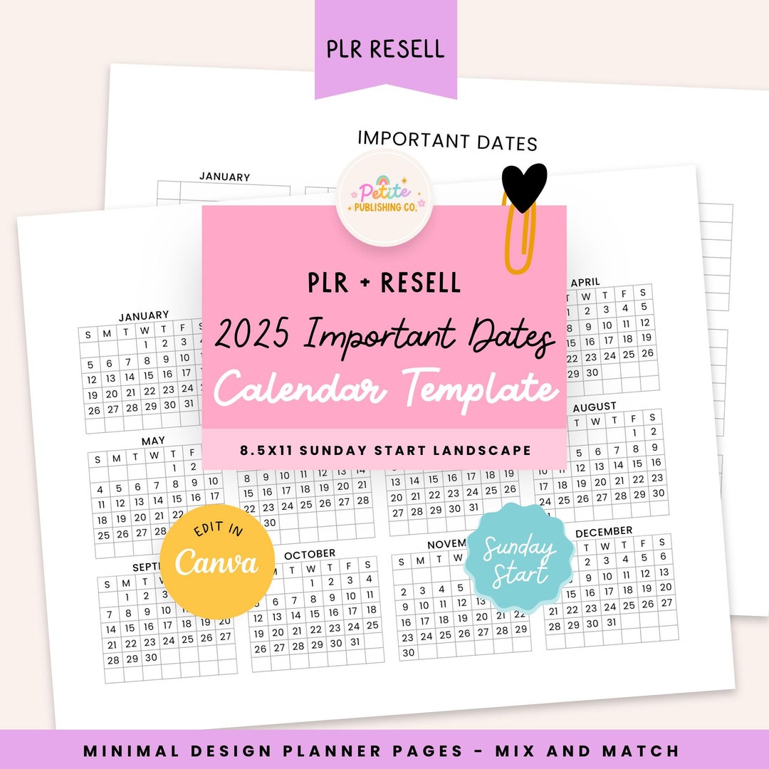 PLR 2025 Important Dates Yearly Calendar Sunday Start Landscape, Canva ...