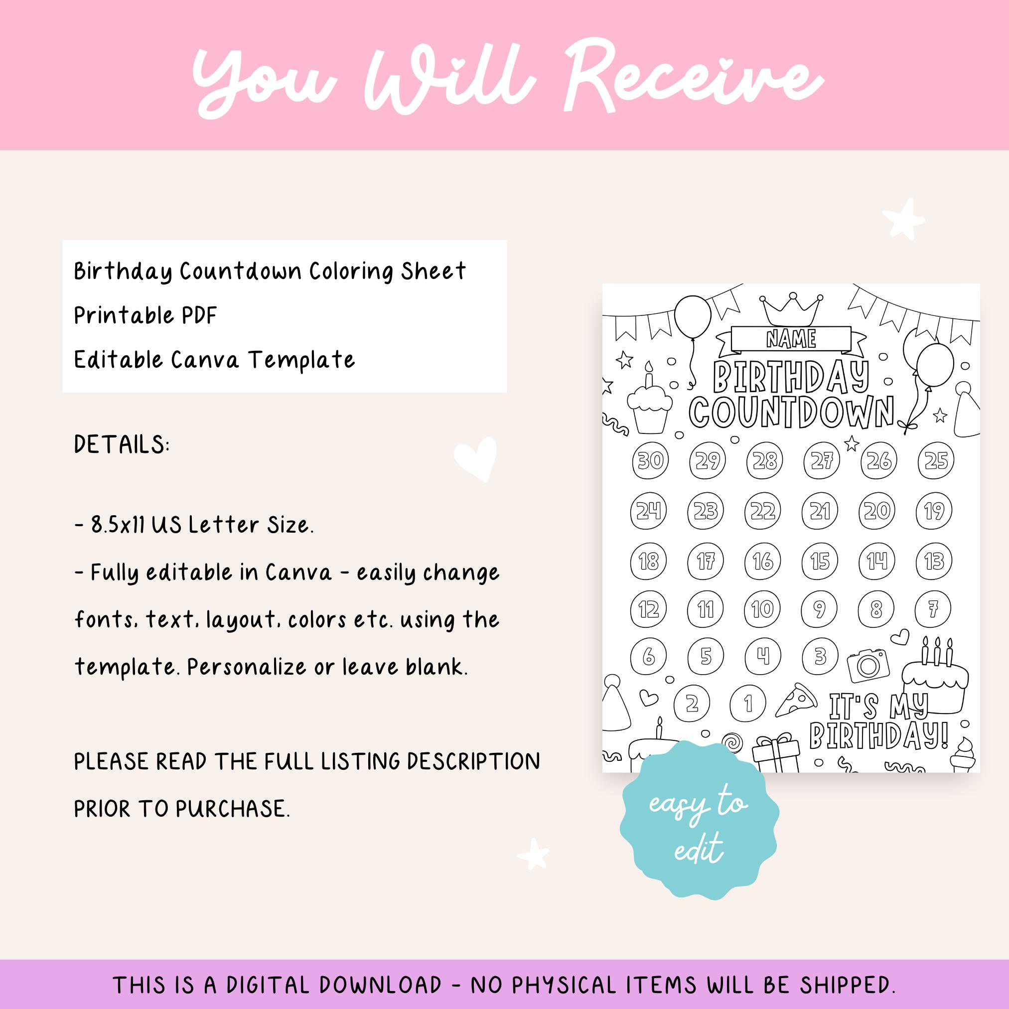 Birthday Countdown Coloring Sheet for Kids Printable PDF, PLR Resell ...