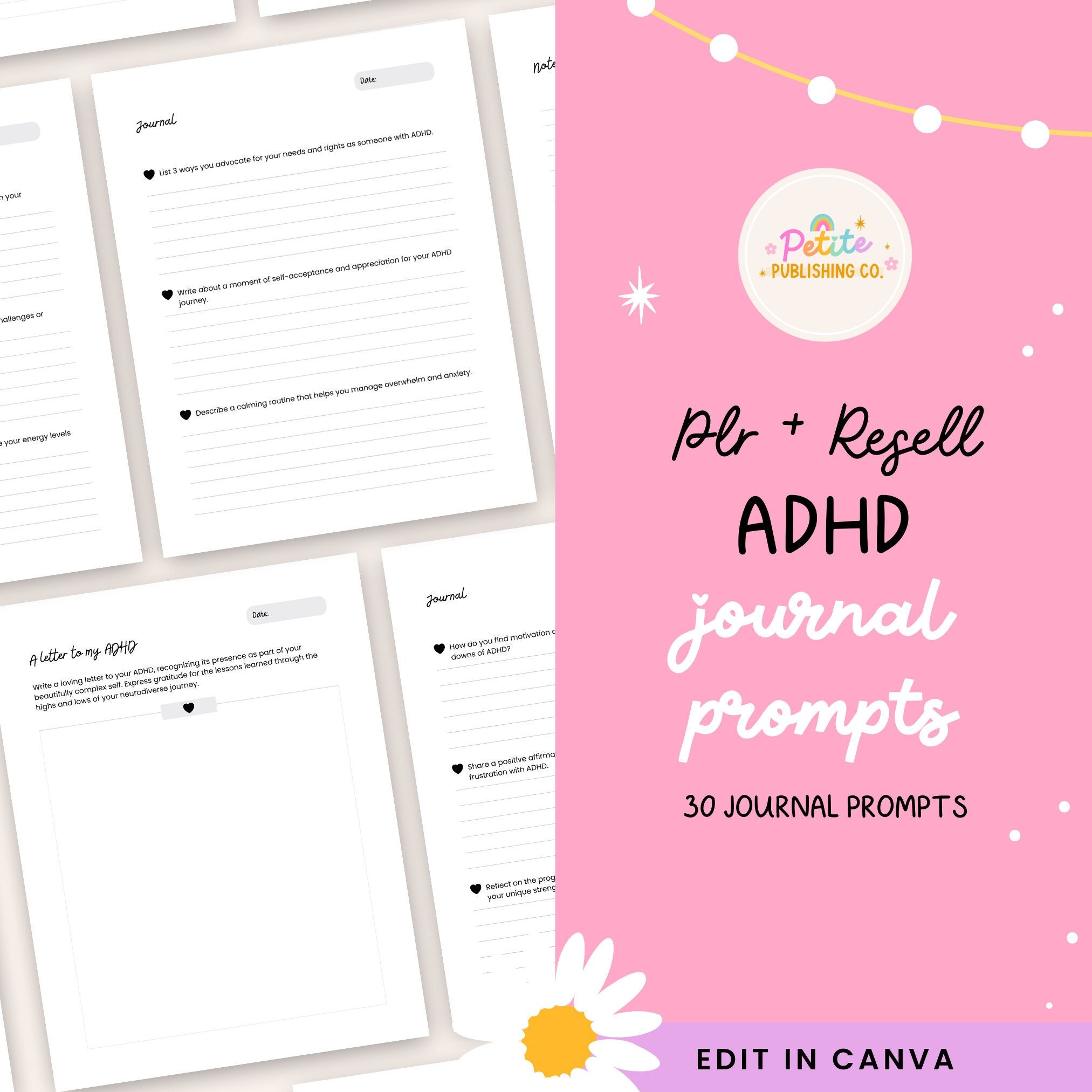 ADHD Journal Prompts, PLR Resell, Canva Template, Guided Worksheet ...