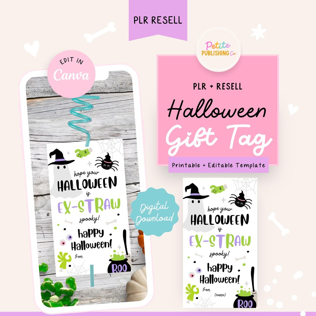 Silly Straw Halloween Gift Tag Printable, PLR Editable Canva Template ...