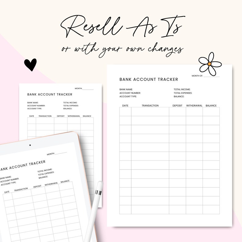 Bank Account Tracker Printable PDF, Monthly Income, PLR Resell, Bills ...