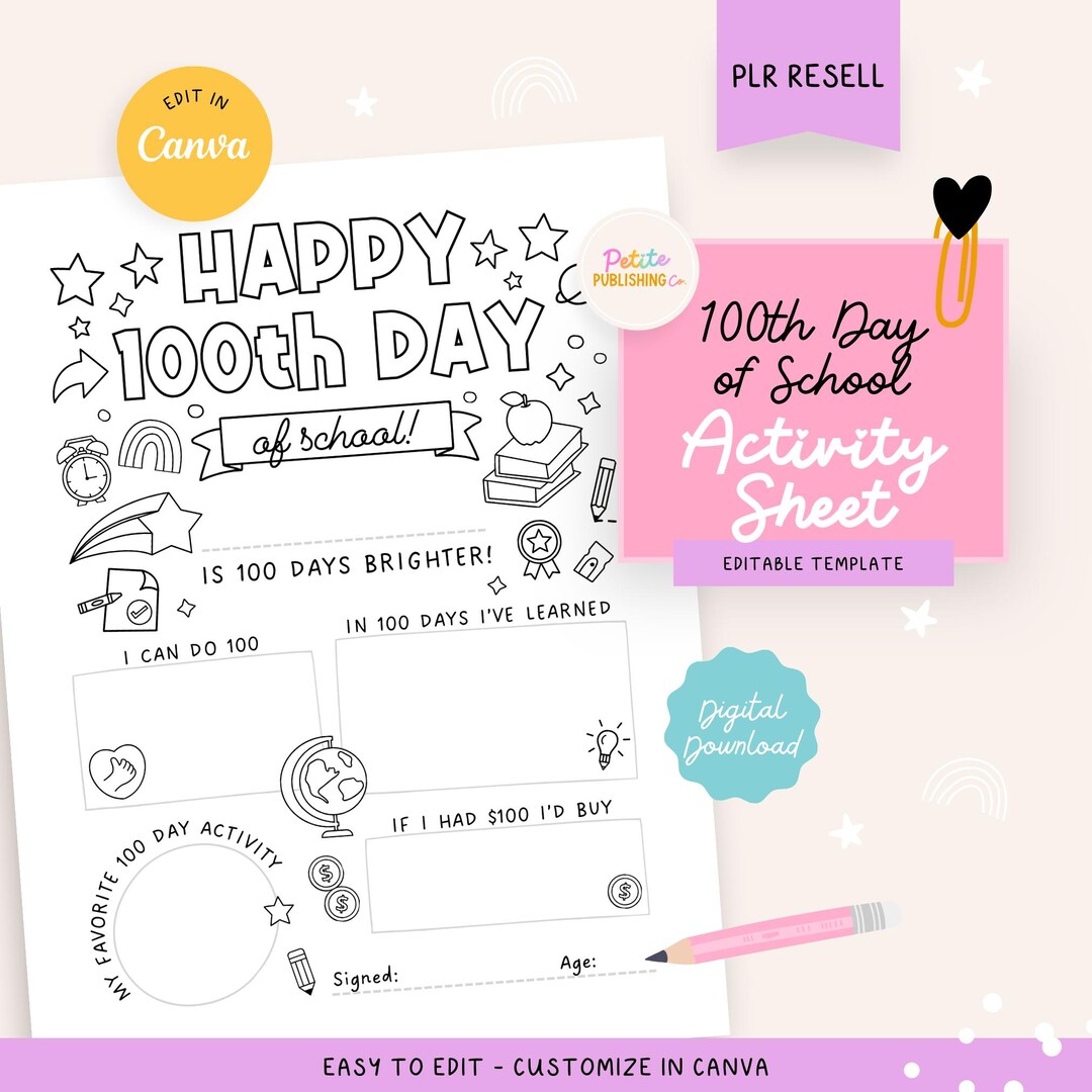 100th Day of School Activity Sheet Printable, Coloring Page, Classroom ...