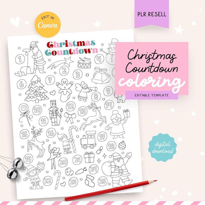 Christmas Countdown Coloring Sheet Printable, PLR Resell, Advent ...