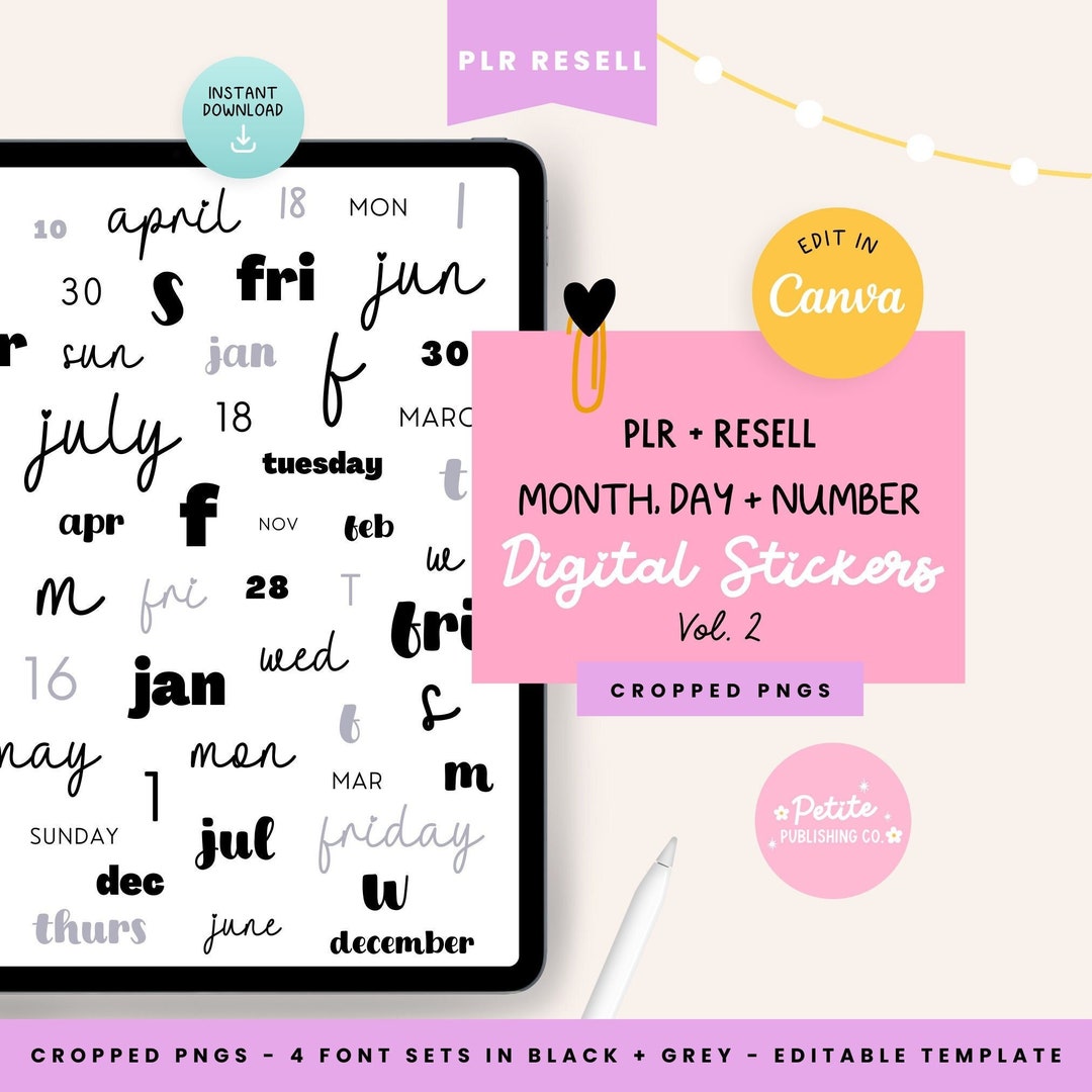 PLR Month Day and Number Stickers, Digital Planning, Canva Template ...