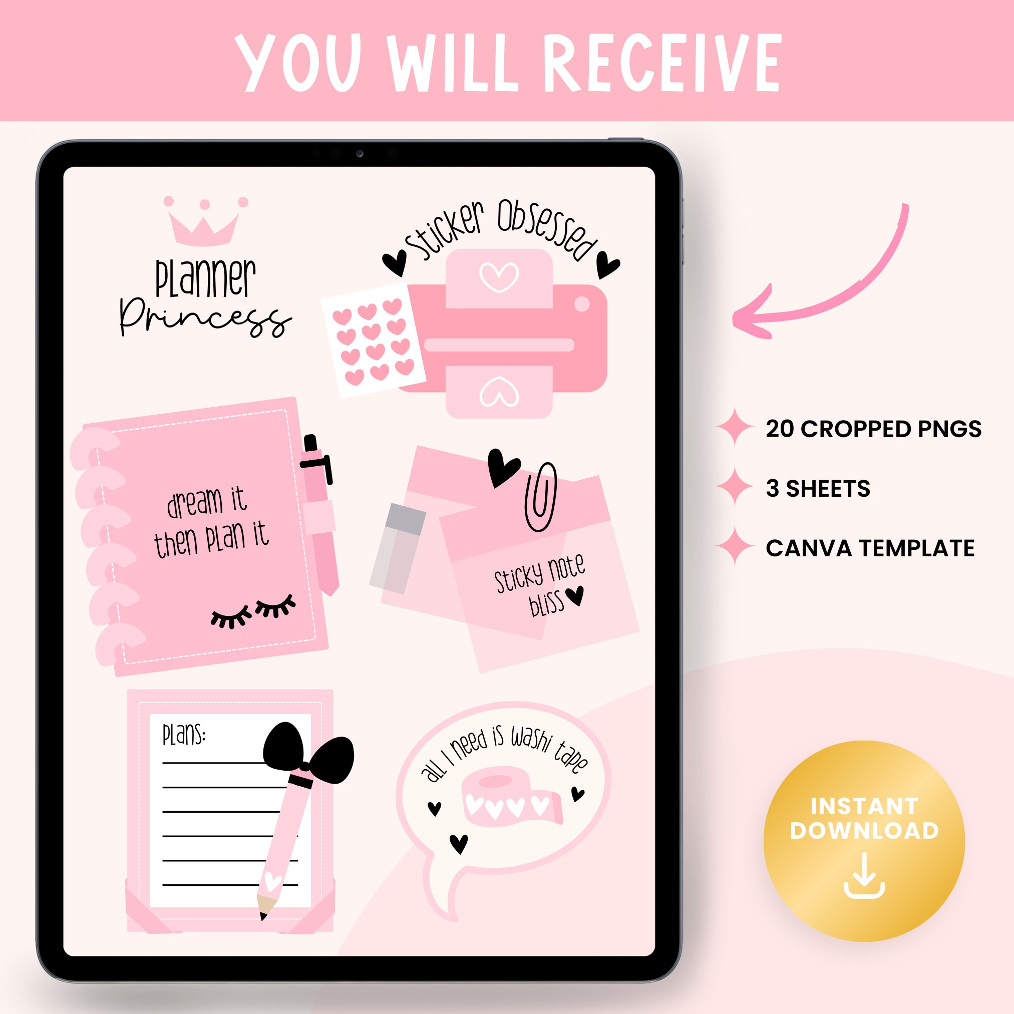 Digital Planner Girl Sticker Sheets, PLR Resell, Sticky Notes Cropped ...