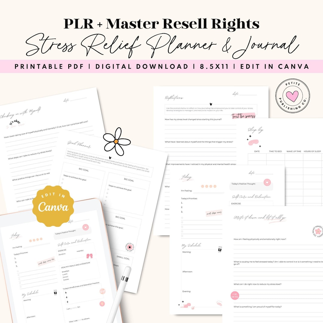 Stress Relief Planner and Journal Printable, PLR Resell, Canva Template ...