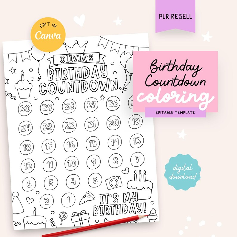 Birthday Countdown Coloring Sheet for Kids Printable PDF, PLR Resell ...
