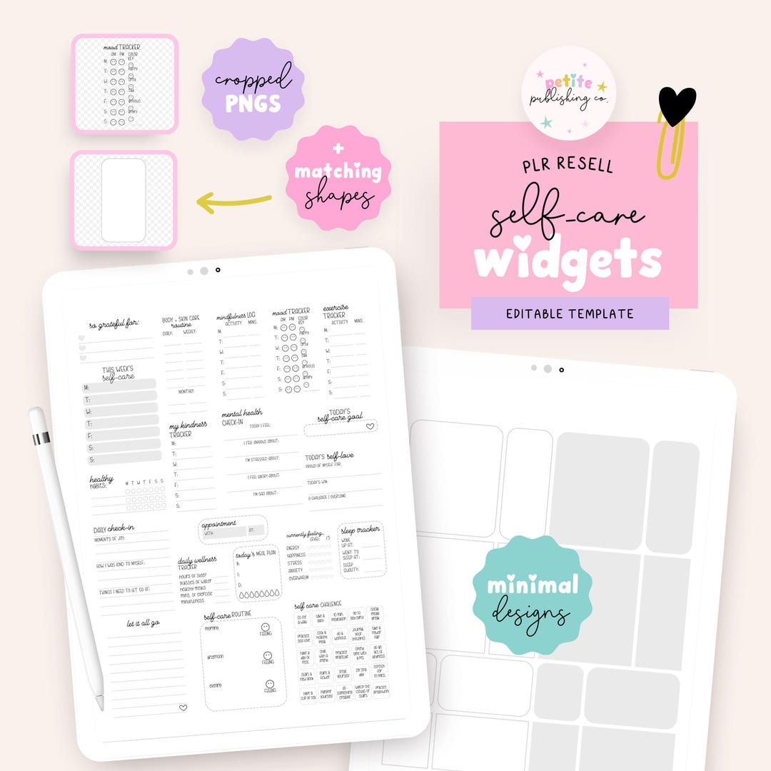 PLR Self-care Widgets, Cropped Pngs, Canva Template, Self Love Inserts ...