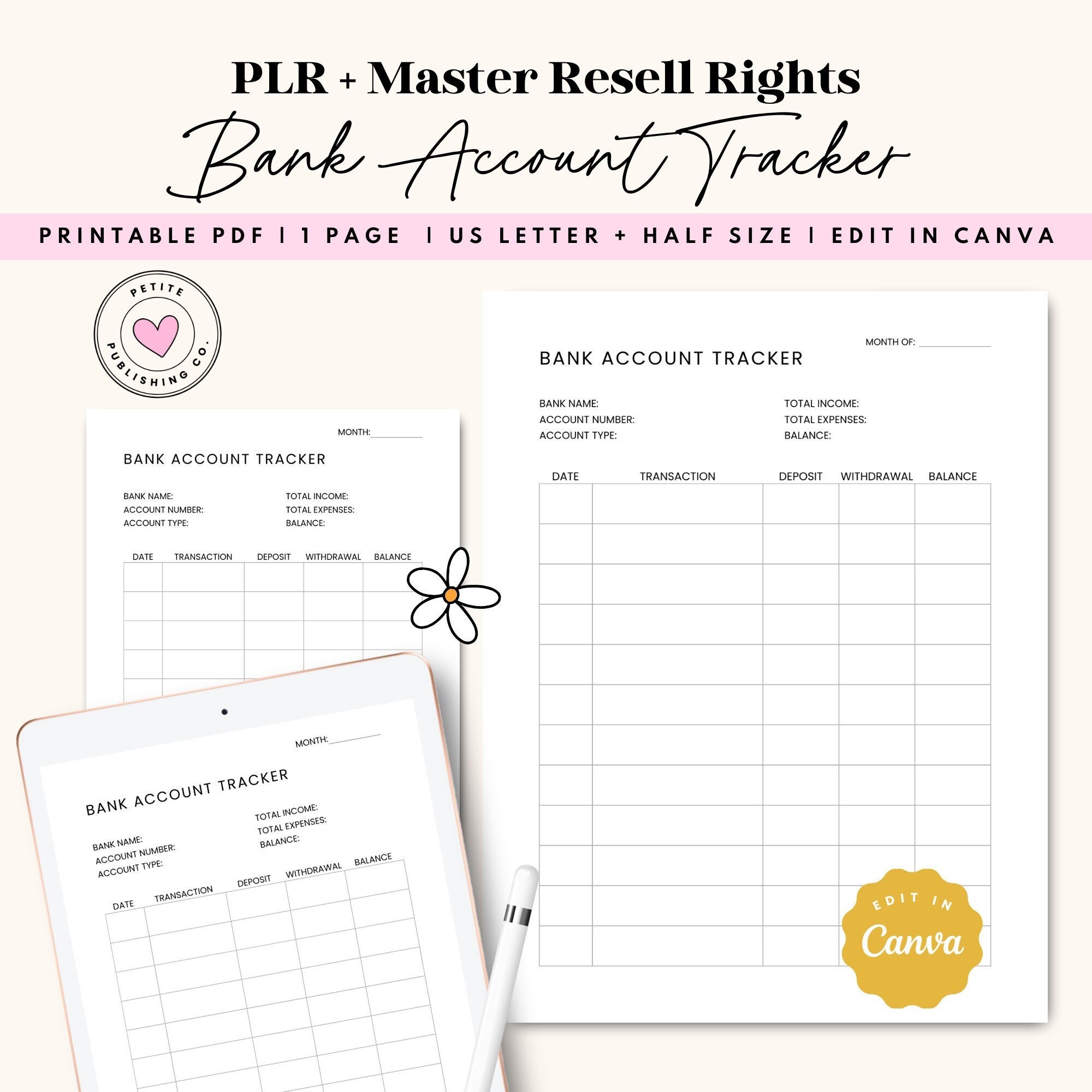 Bank Account Tracker Printable PDF, Monthly Income, PLR Resell, Bills ...