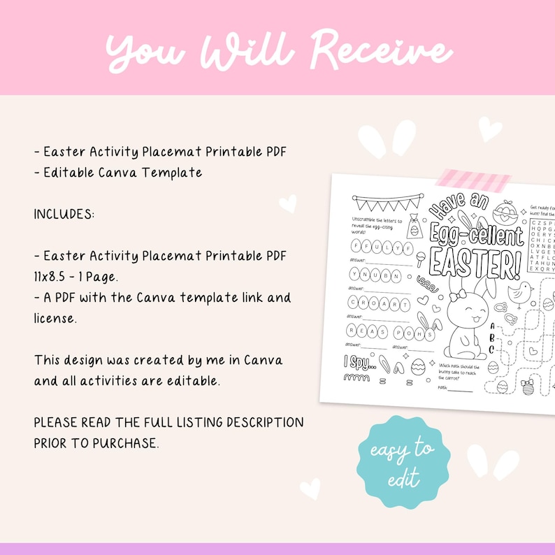 Easter Activity Placemat Printable, Coloring Page, Kids Classroom Party ...