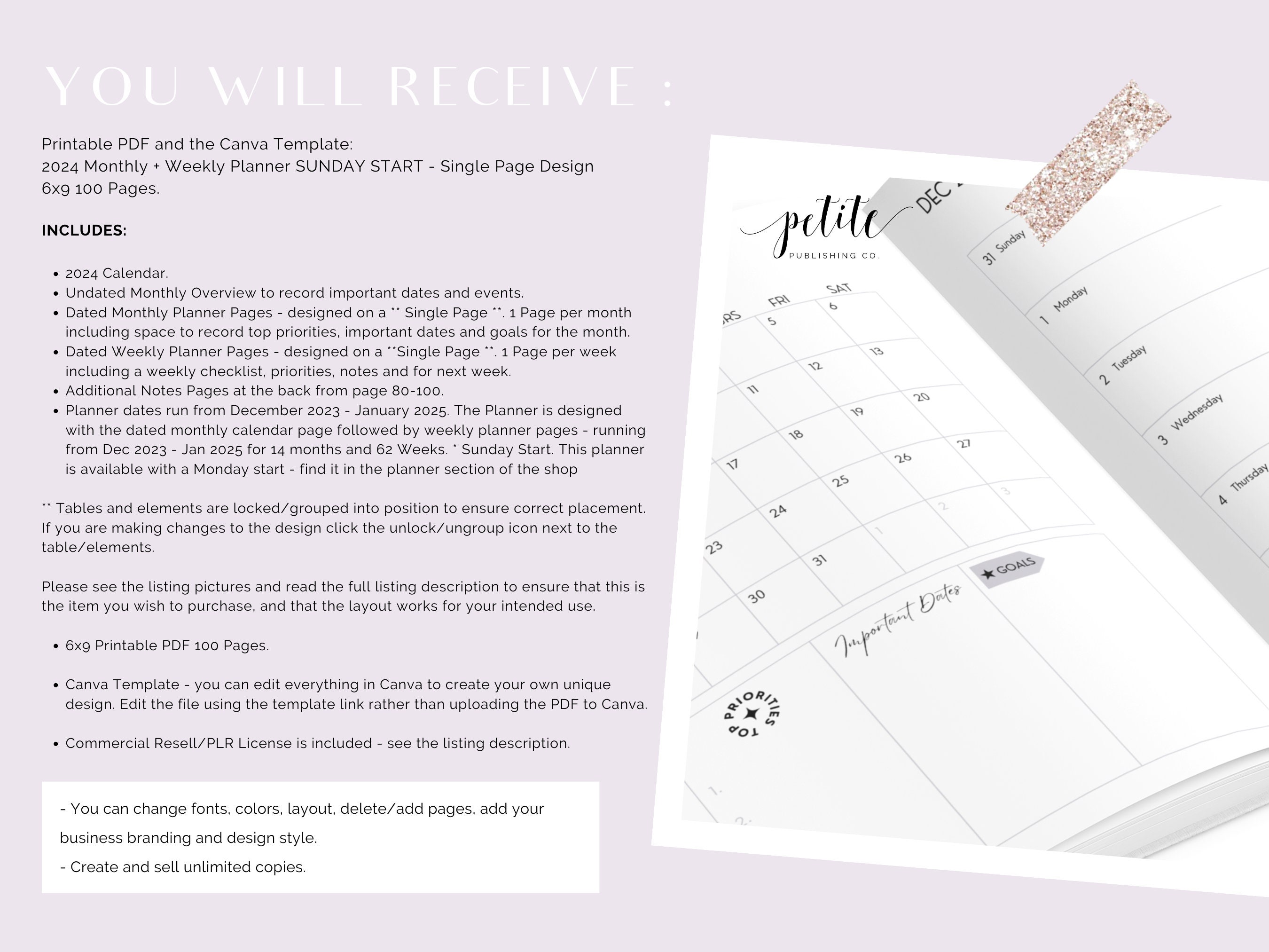 PLR 2024 Planner Printable PDF, Monthly Weekly Planner, Canva Template ...