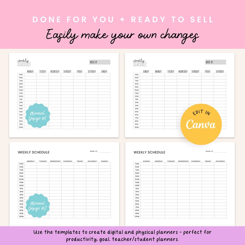 PLR Hourly Weekly Schedule Planner Template, Edit in Canva, Printable ...