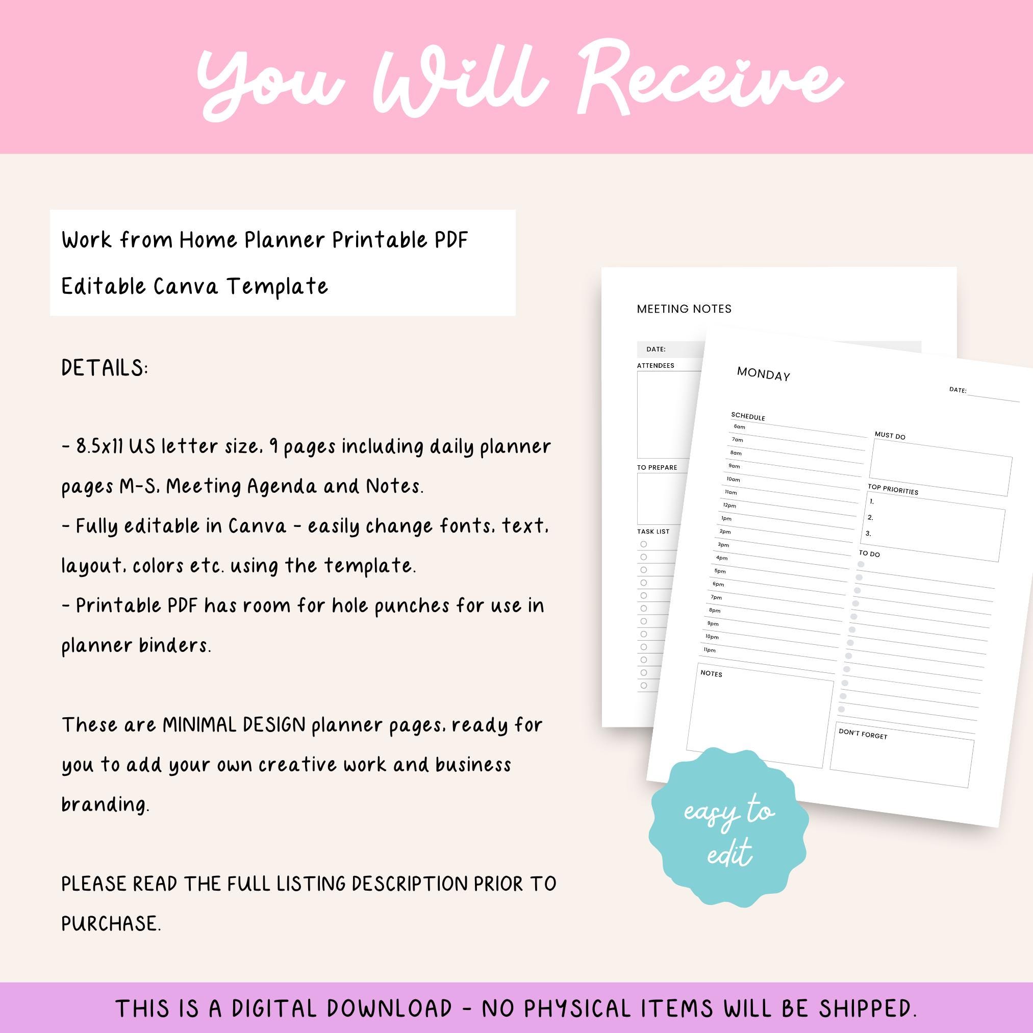 Work From Home Planner Printable, Personal Daily Hourly Schedule ...