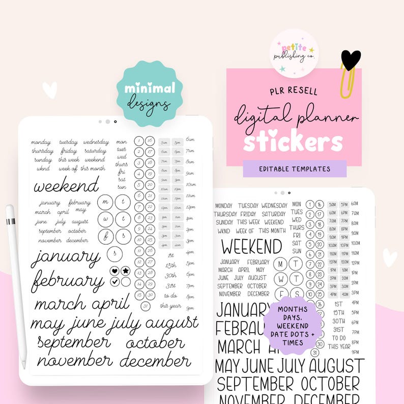 PLR Months Days Date Dots & Time Stickers for Digital Planning, Weekend ...