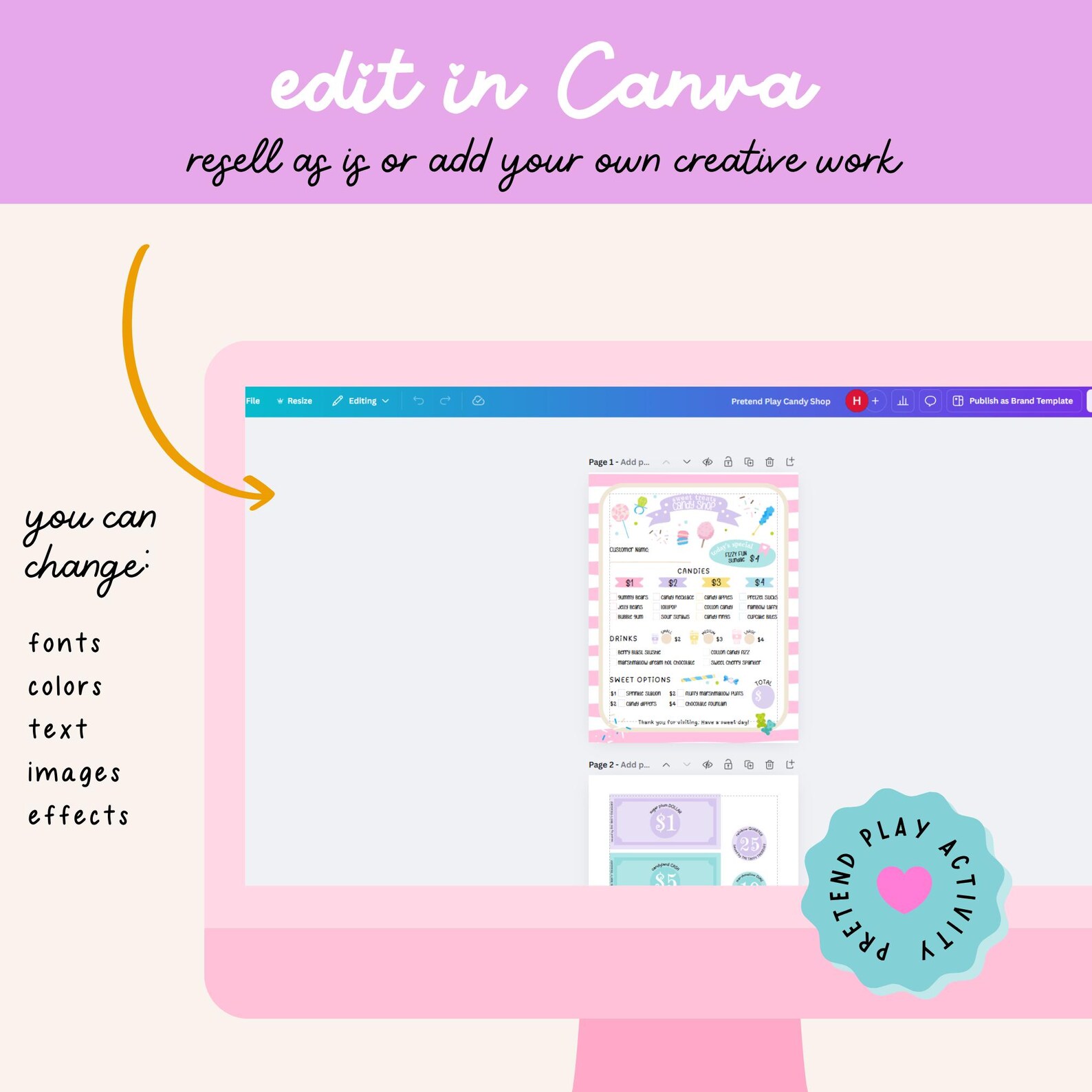 Pretend Play Candy Shop Printable, PLR Resell, Summer Playtime Activity ...