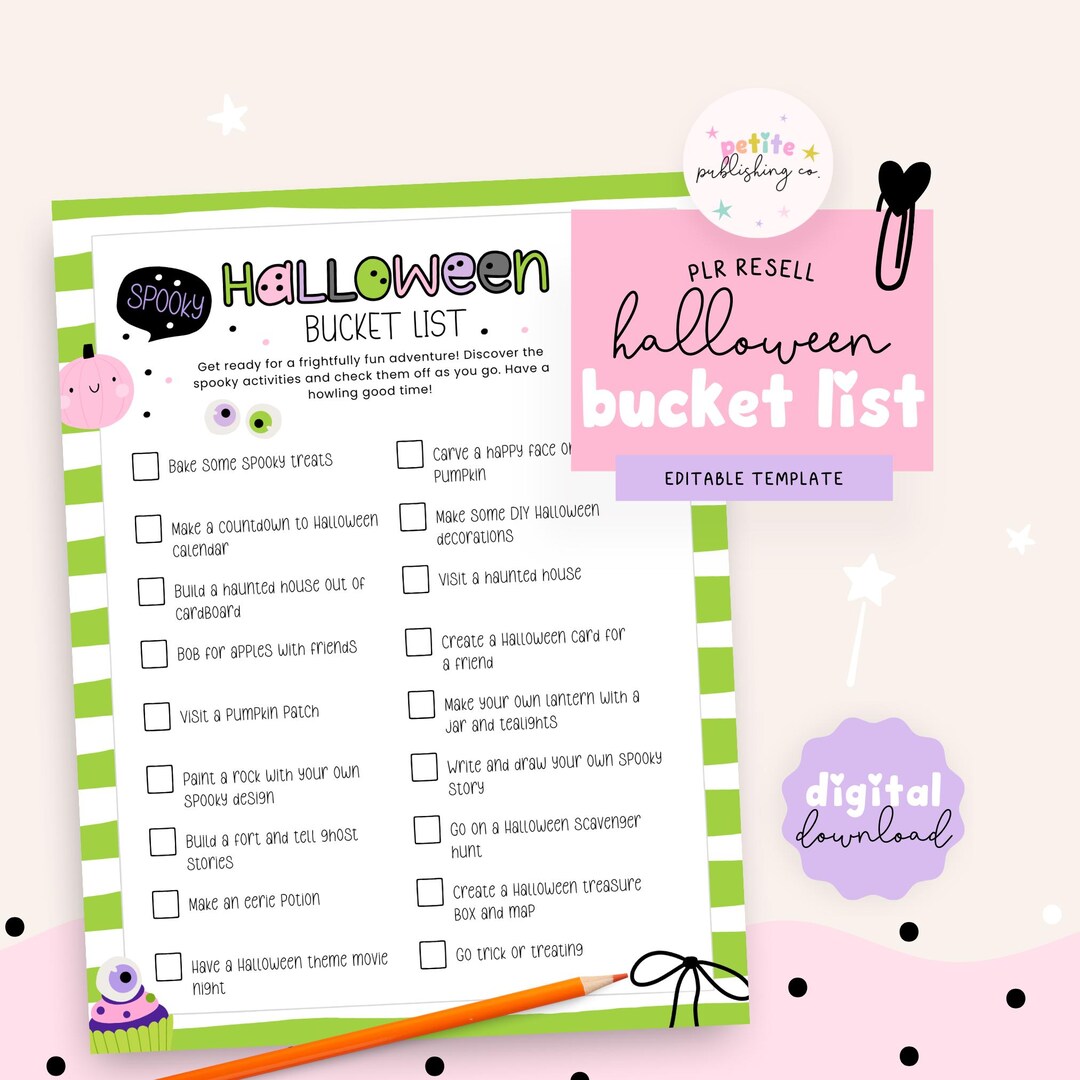 Halloween Bucket List Printable, PLR Resell, Kids Activity Sheet ...