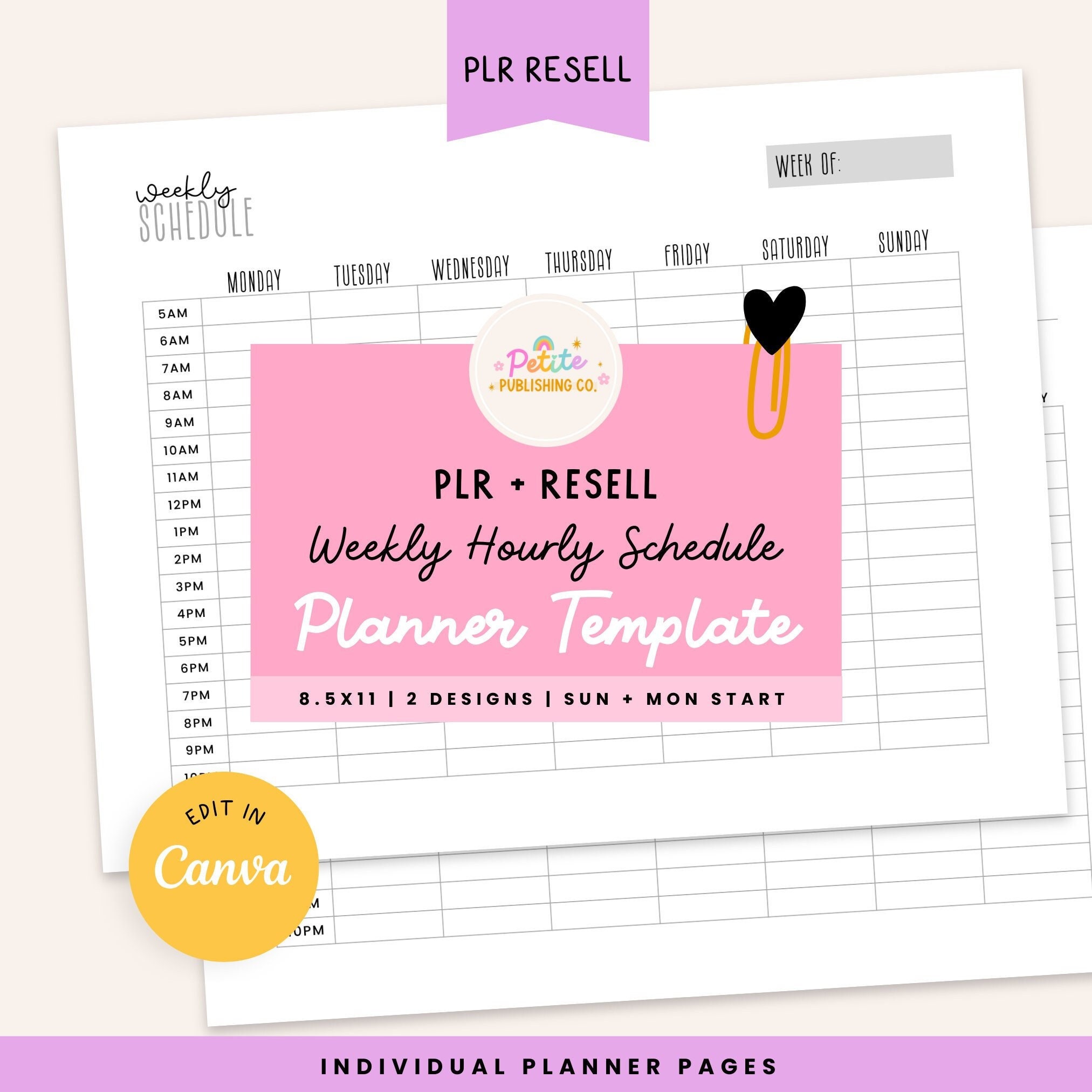 PLR Hourly Weekly Schedule Planner Template, Edit in Canva, Printable ...