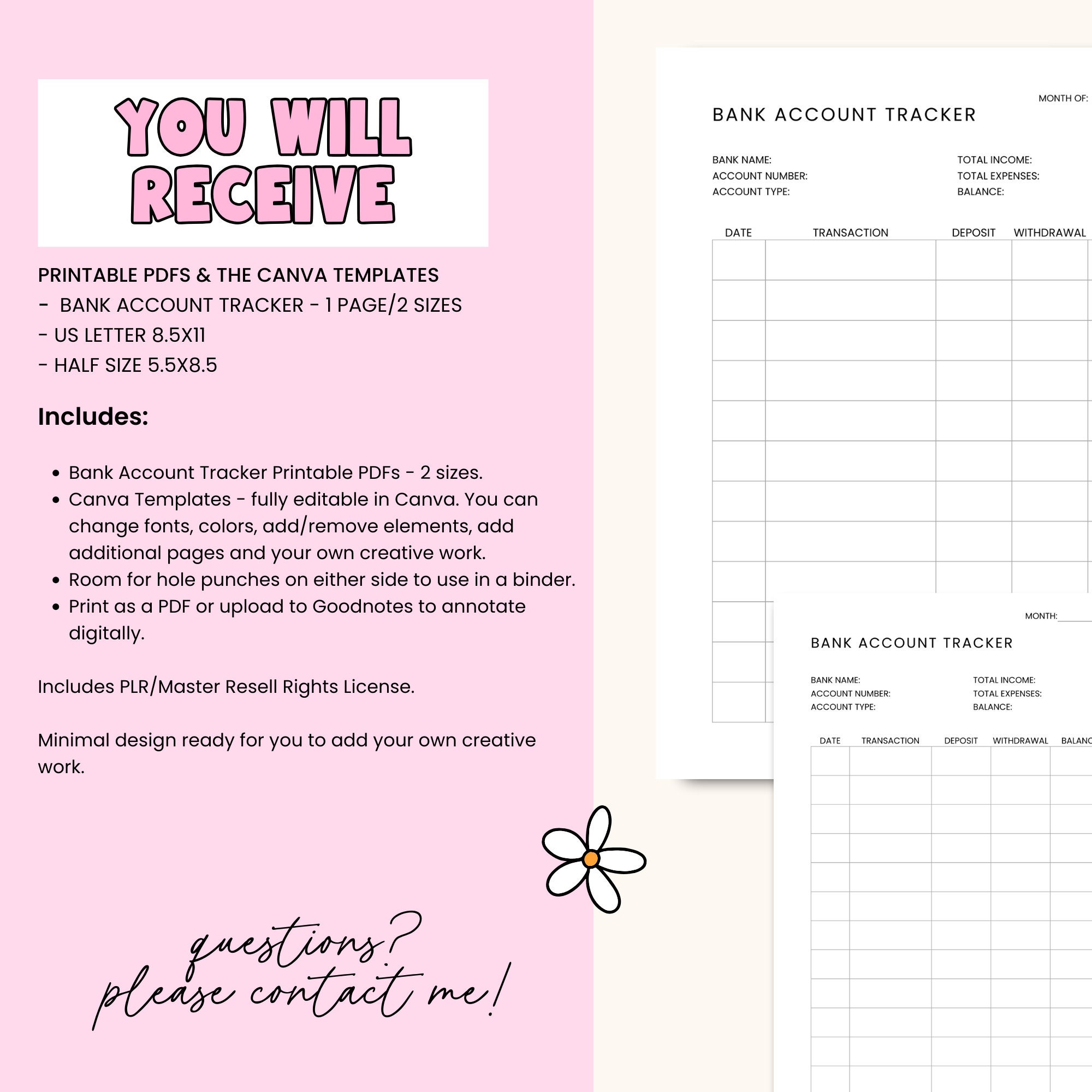 Bank Account Tracker Printable PDF, Monthly Income, PLR Resell, Bills ...