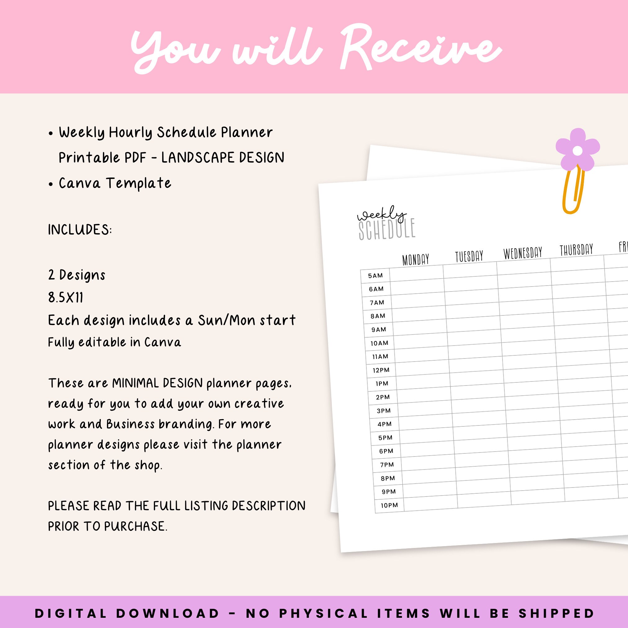 PLR Hourly Weekly Schedule Planner Template, Edit in Canva, Printable ...
