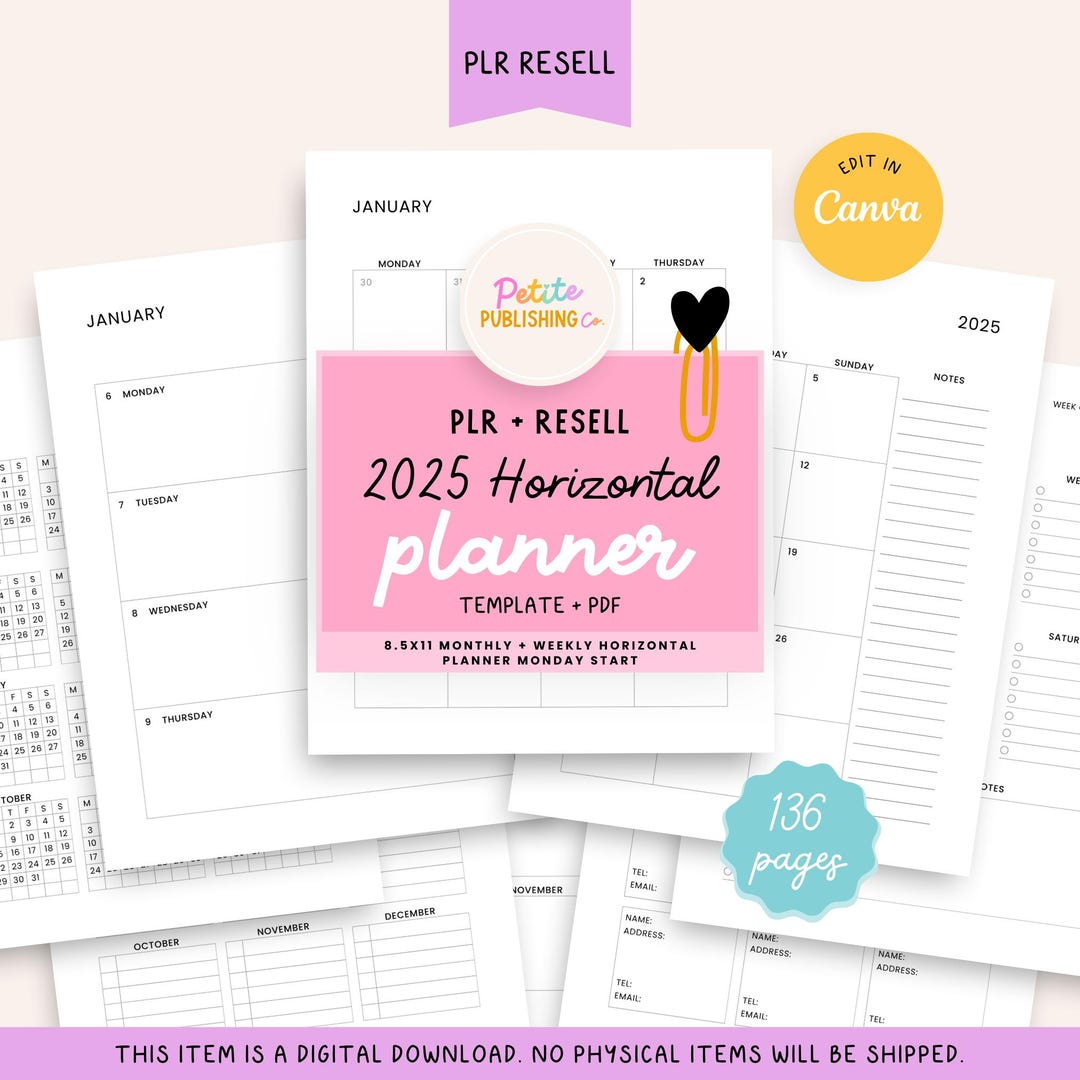 2025 Monthly and Weekly Horizontal Planner Monday Start, PLR Resell ...