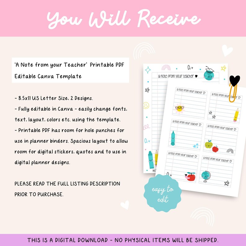 Teacher Notepaper Printable, Cute + Colorful Stationery, Notepad ...