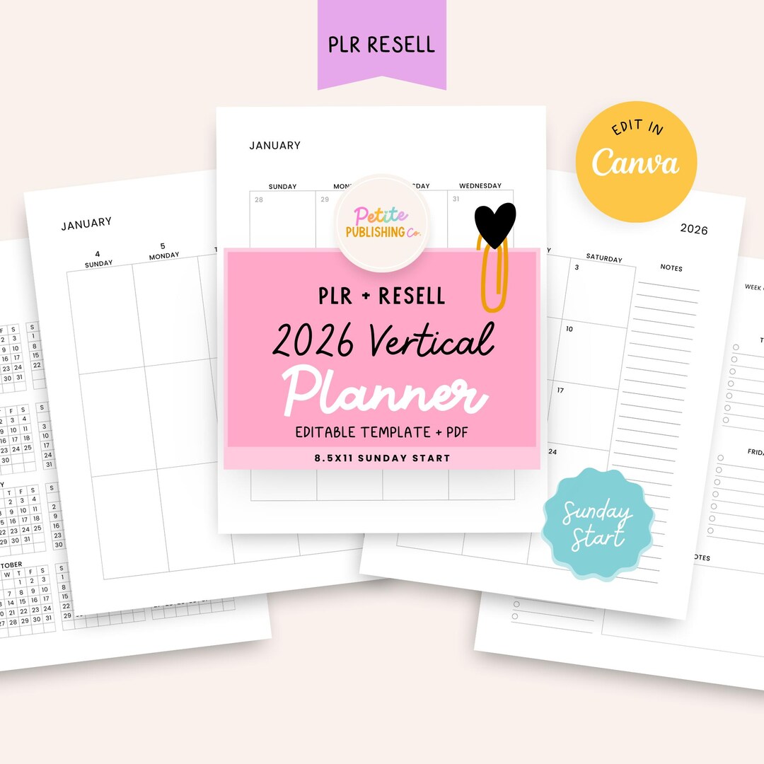2026 Monthly and Weekly Vertical Planner Sunday Start, PLR Resell Canva ...