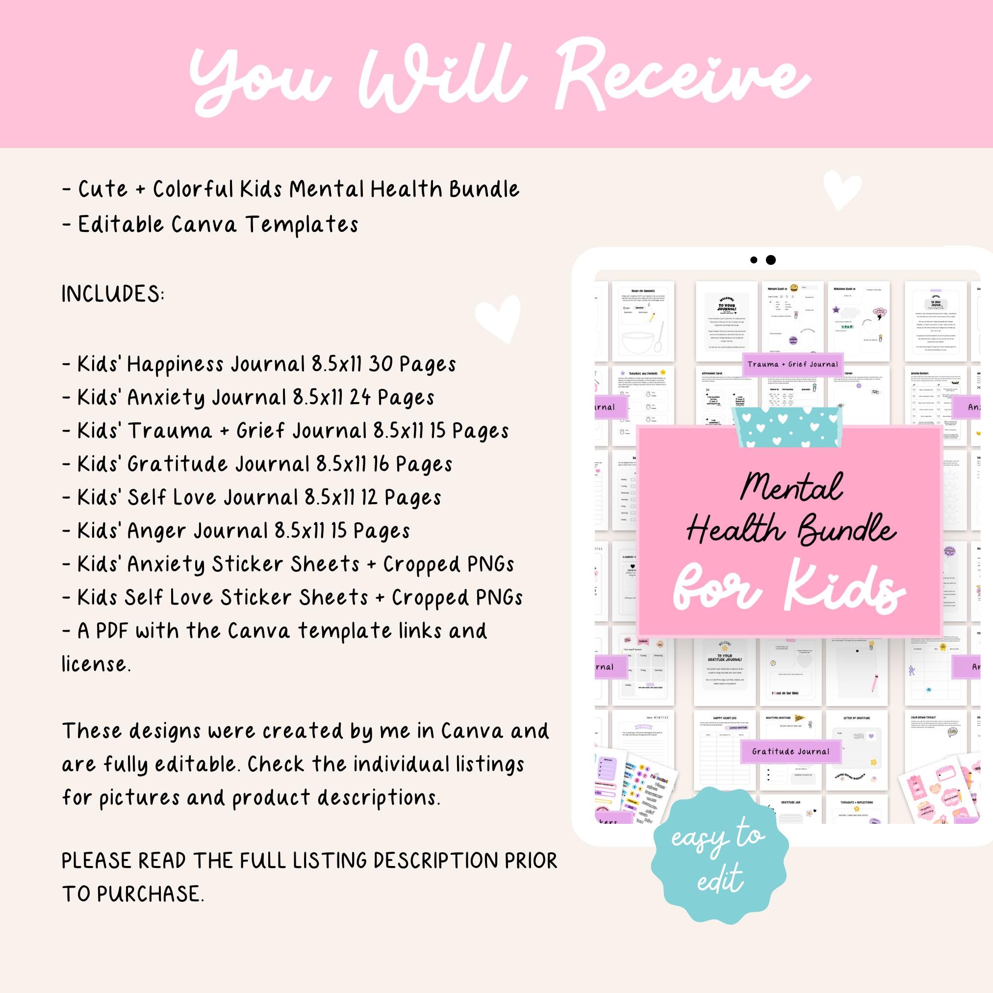 Kids Mental Health Bundle, Happiness, Self Love, Anxiety, Trauma Grief, Gratitude, Anger, Canva ...