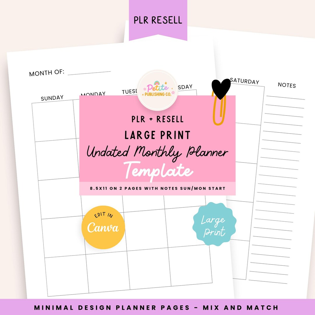 PLR Large Print Undated Monthly Planner on 2 Pages With Notes Sunday ...