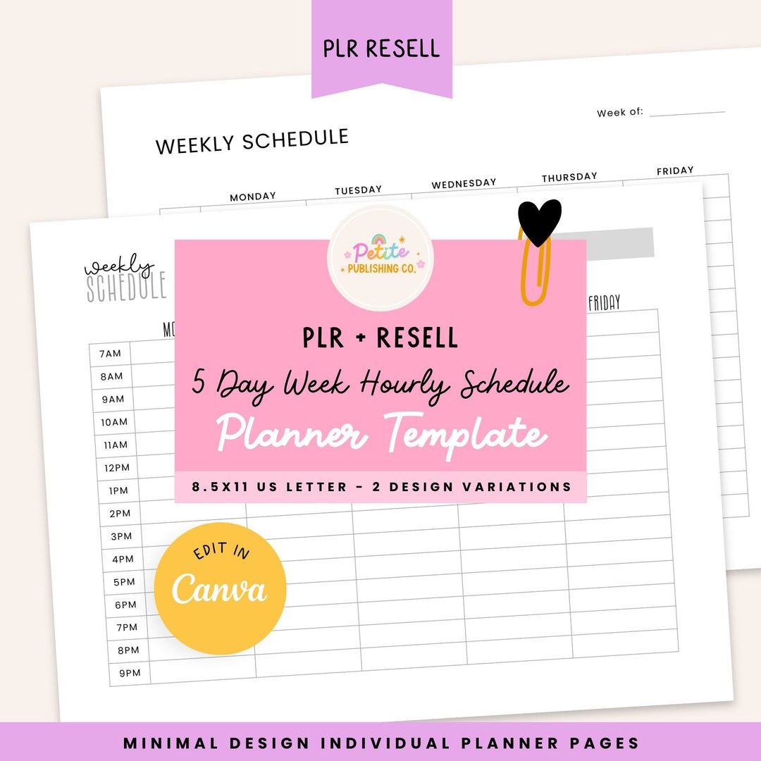 PLR 5 Day Week Hourly Schedule Planner Template, Edit in Canva, Minimal ...