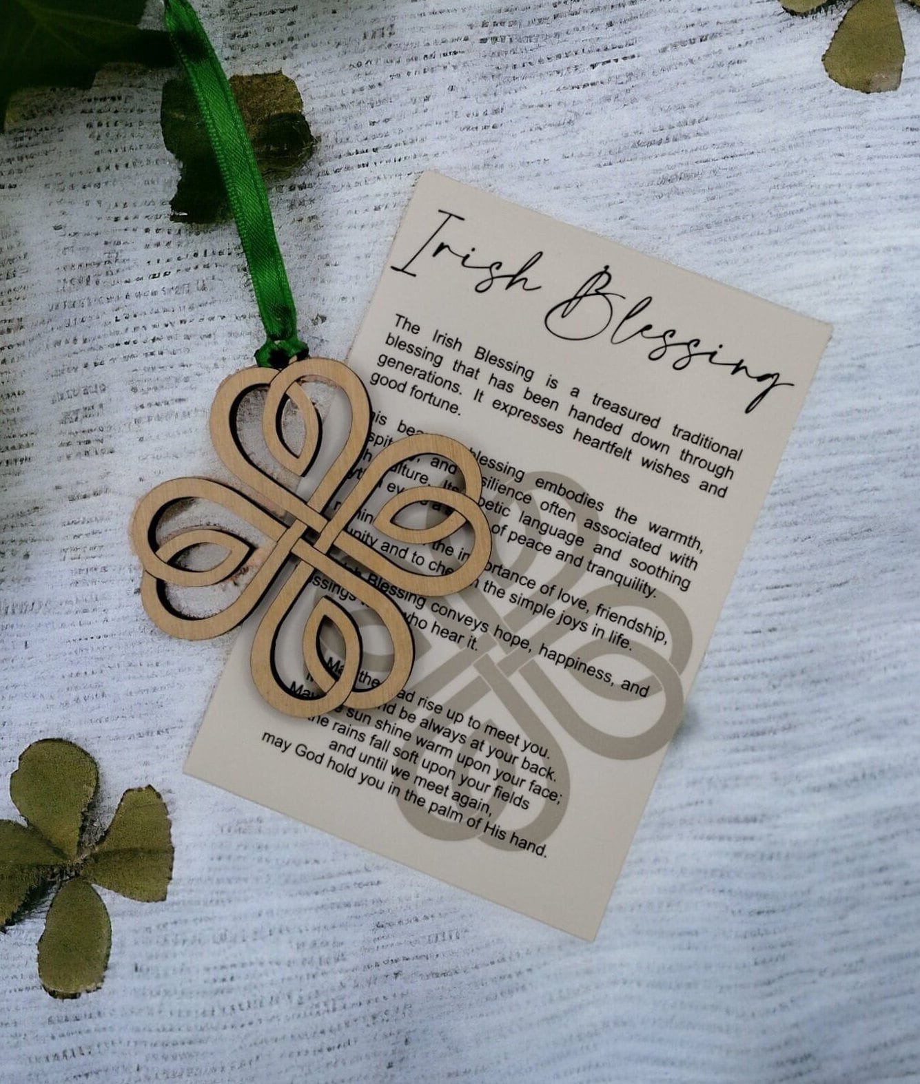 Irish Blessing Four Leaf Clover - Celtic Knot Ornament, Blessings Story Card, Car Charm, Irish ...
