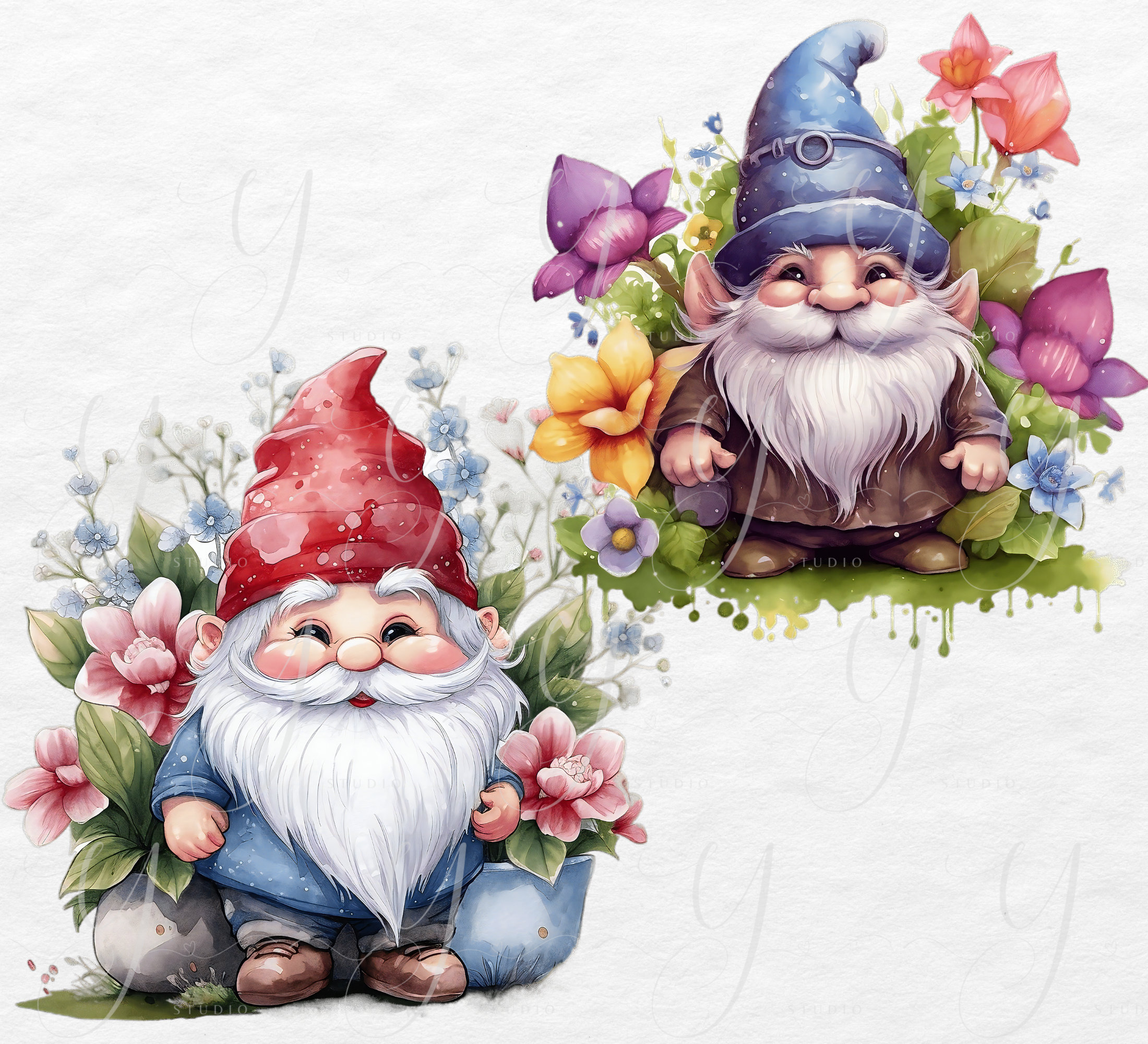 Garden Gnomes Clipart Watercolor Bundle Whimsical Fantasy - Etsy