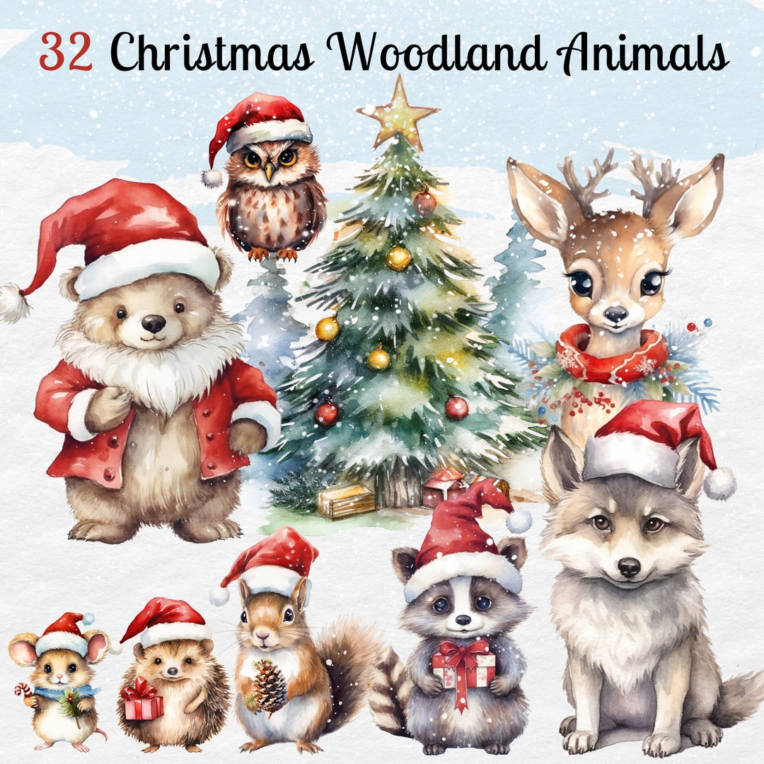 Christmas Woodland Baby Animals Watercolor Clipart | Cute Christmas Png ...