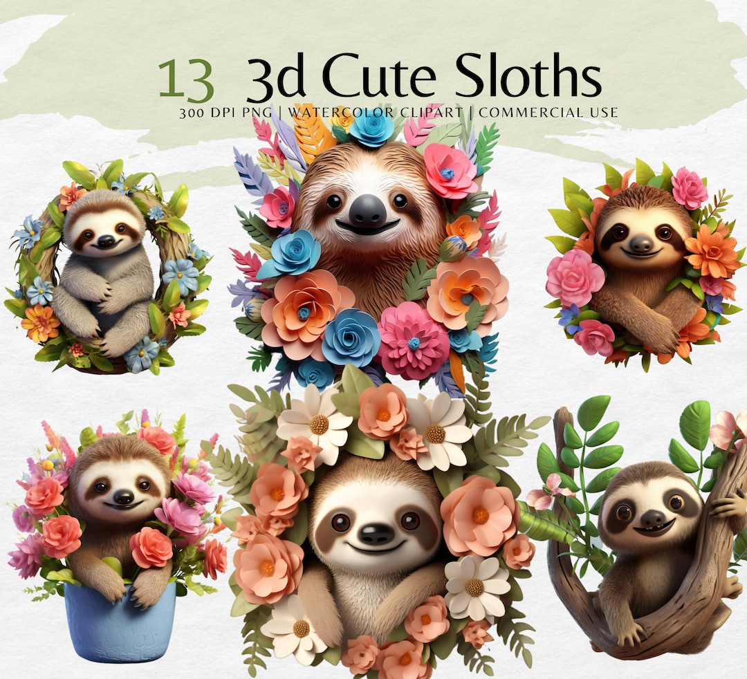 3d Sloth Clipart Bundle With Flowers Png, Digital Download | Commercial ...