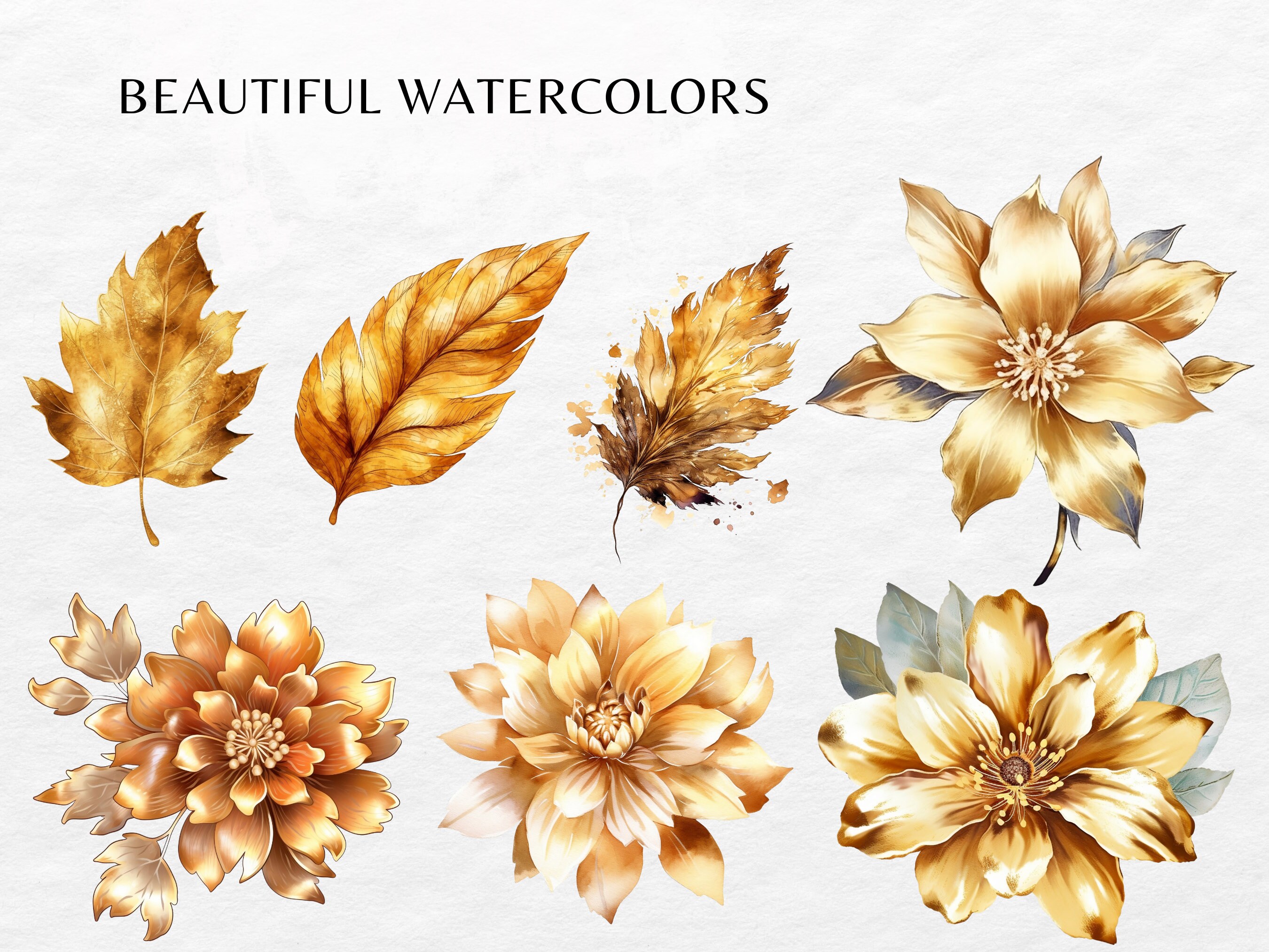 Golden Flowers Watercolor Clip Art Bundle | PNG Floral Bouquets ...