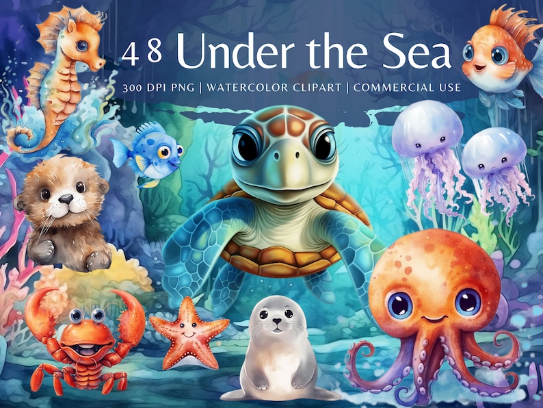 Cute Under the Sea Animals Watercolor Clip Art Bundle Sea - Etsy
