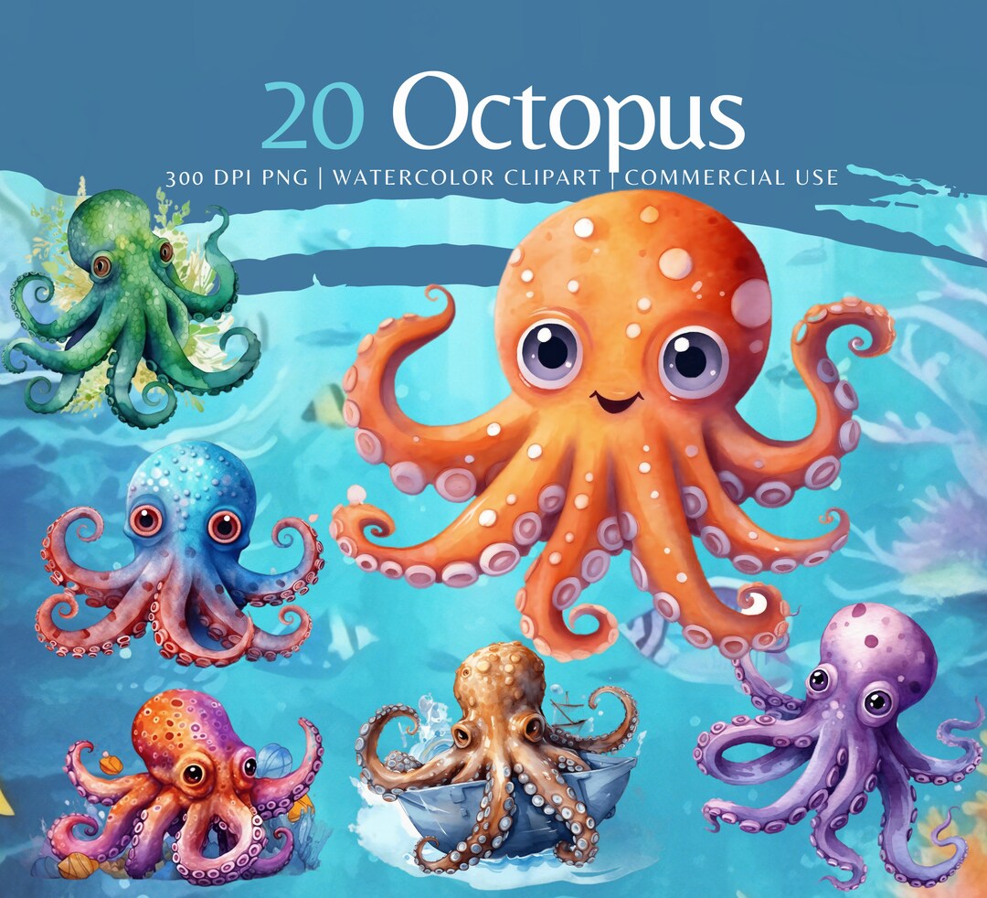 Octopus Watercolor Clip Art Bundle | Under the Sea Animals Clipart Png ...