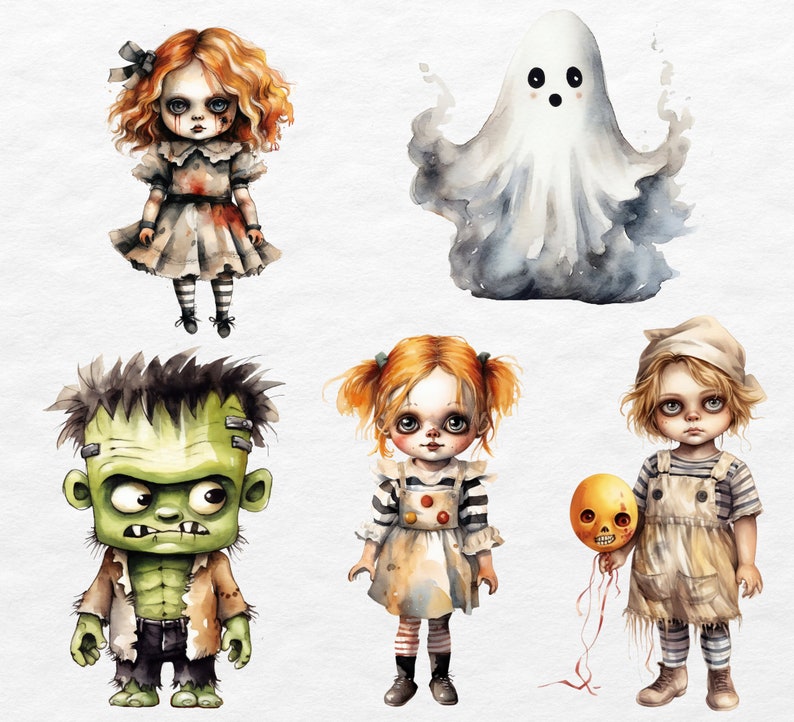 Halloween Characters Watercolor Clipart: Monster PNG Bundle (commercial ...