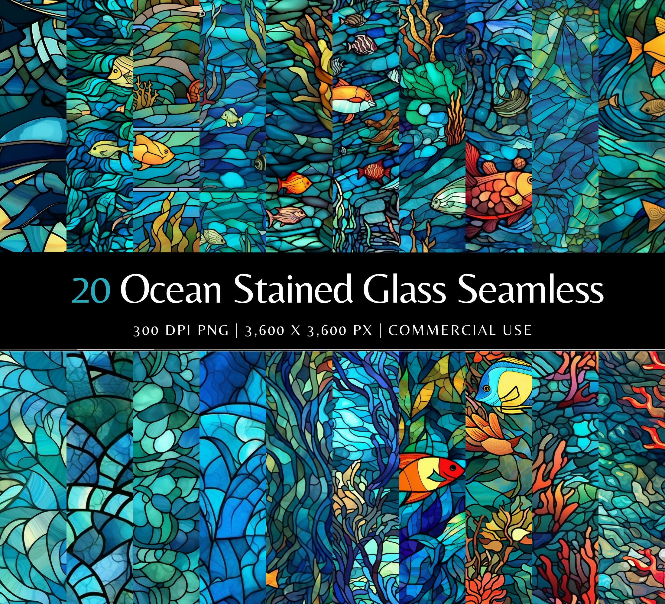 Ocean Stained Glass Pattern Bundle PNG Seamless Patterns Under the Sea ...