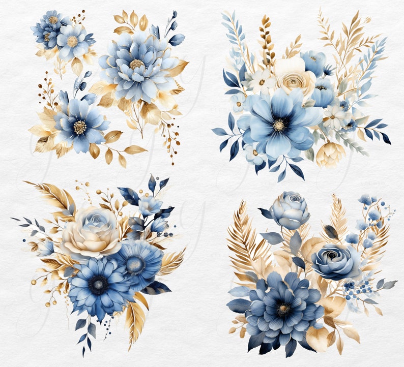 Boho Blue Gold Flowers Clipart Bundle Watercolor Wedding - Etsy