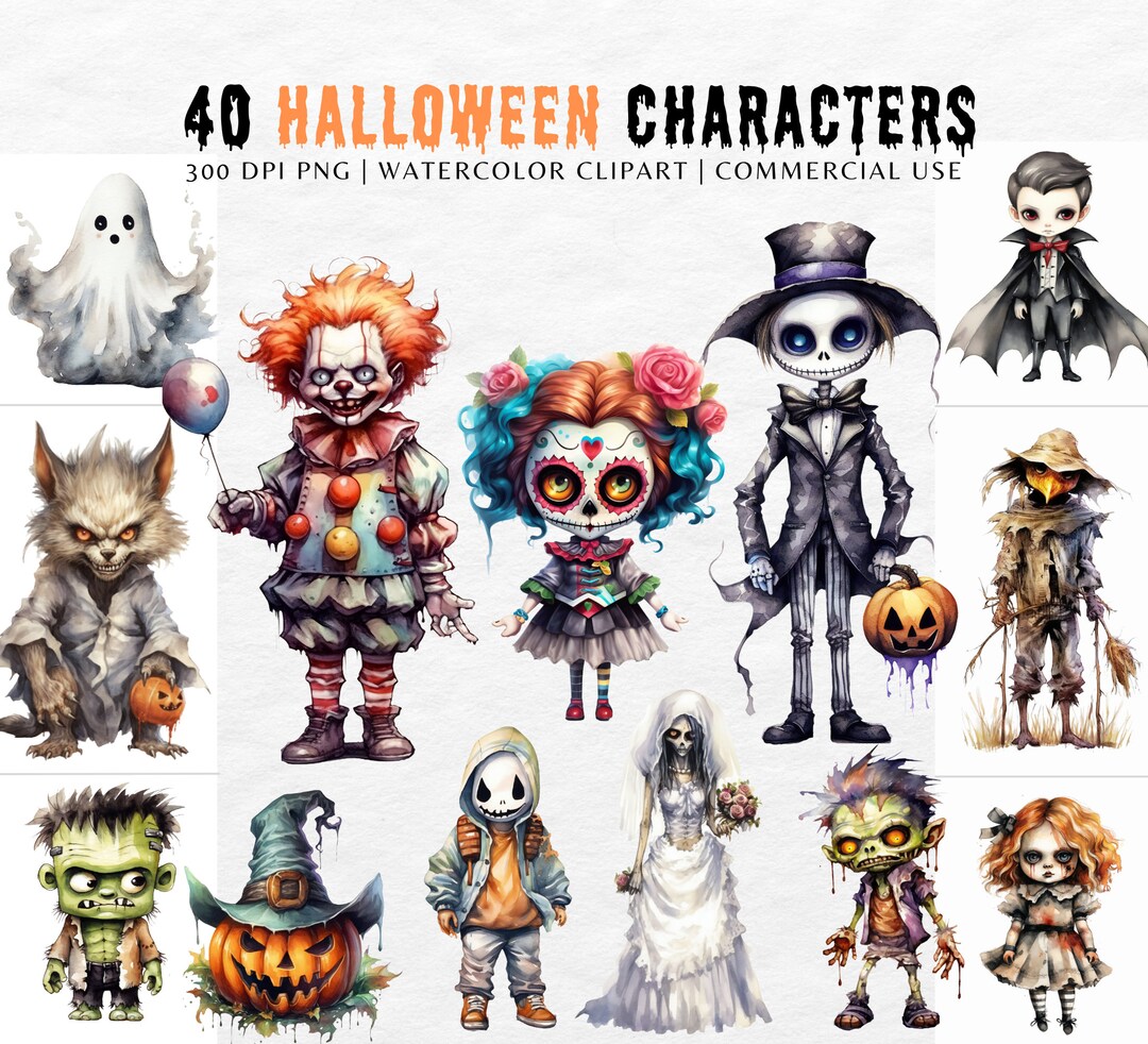 Halloween Characters Watercolor Clipart: Monster PNG Bundle (commercial ...