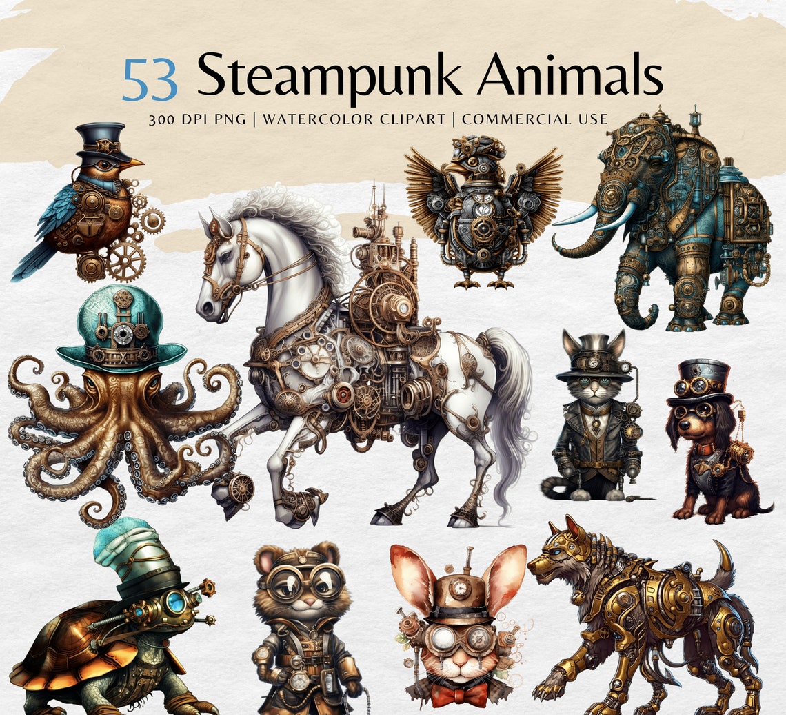 Steampunk Animals Watercolor Clipart Bundle Fantasy Animals - Etsy