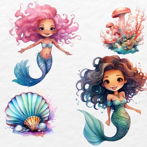 Mermaid Clipart Bundle | Watercolor Cute Mermaid Clipart Png | Sea Life ...